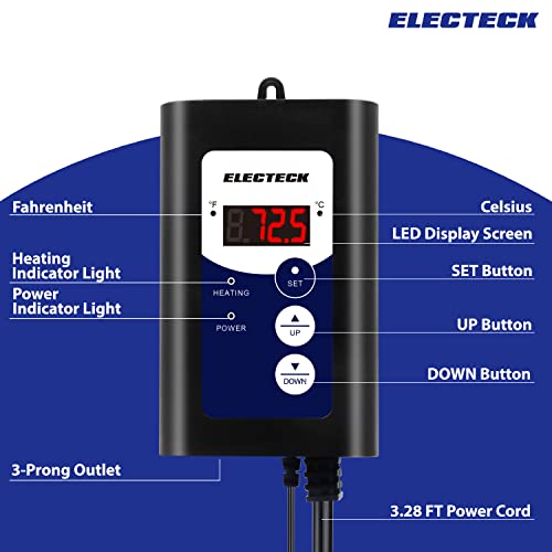 ELECTECK Heat Mat Thermostat, Digital Controller for Seed Germination, Reptiles and Brewing, 41°F to 108 °F/ 5℃ to 42℃, 8.3A, 1000W, Black