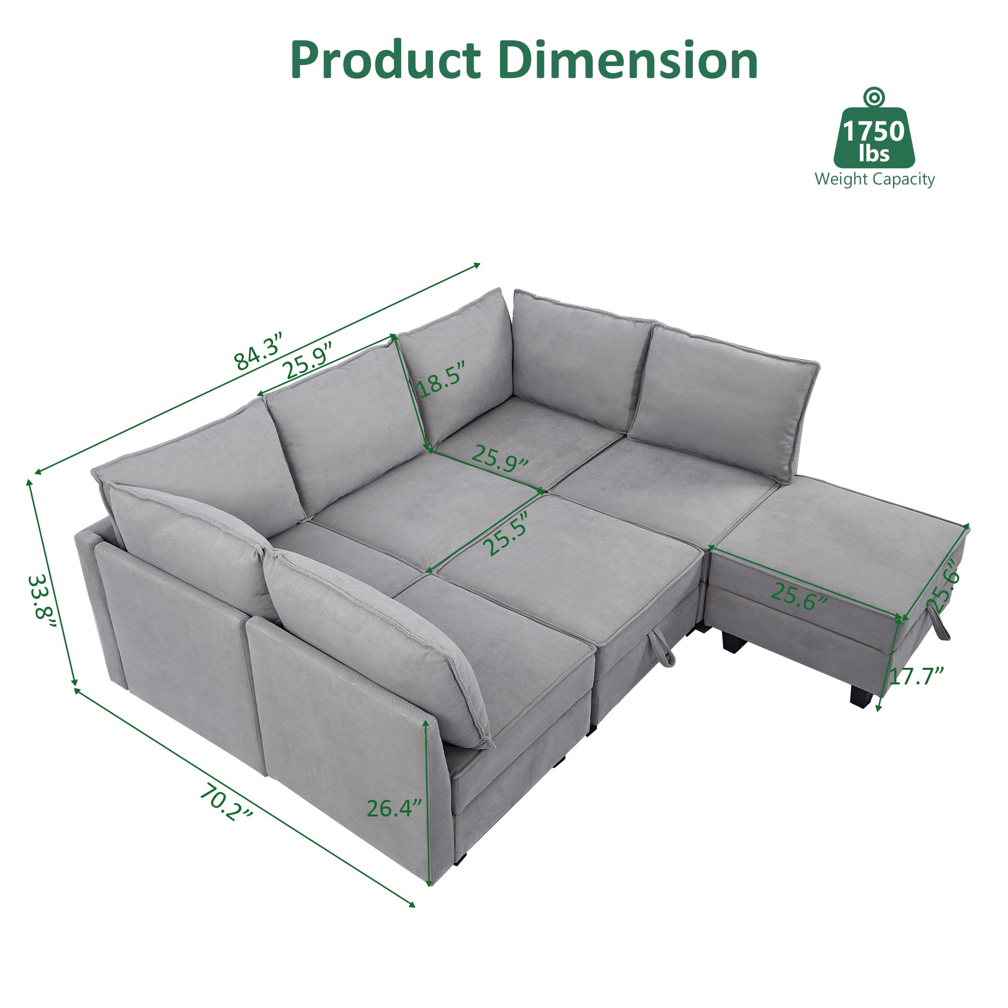 GNIXUU Modular Sectional Sofa Sleeper, Convertible U Shaped Storage Couch Bed with Ottoman, Oversized 7 Seat Couches for Living Room, Grey Linen