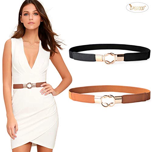 JASGOOD 2 Pack Women Retro Elastic Stretchy Metal Buckle Skinny Waist Belt 1 inch Wide
