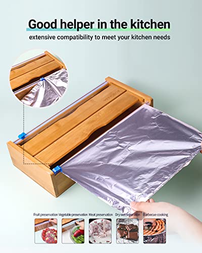 ECOGREDA Plastic Wrap Dispenser with Cutter,Bamboo Tin Foil Organizer for Drawer Cabinet, Suitable for Aluminum Foil Organization and Storage and Parchment Paper(2 in 1)