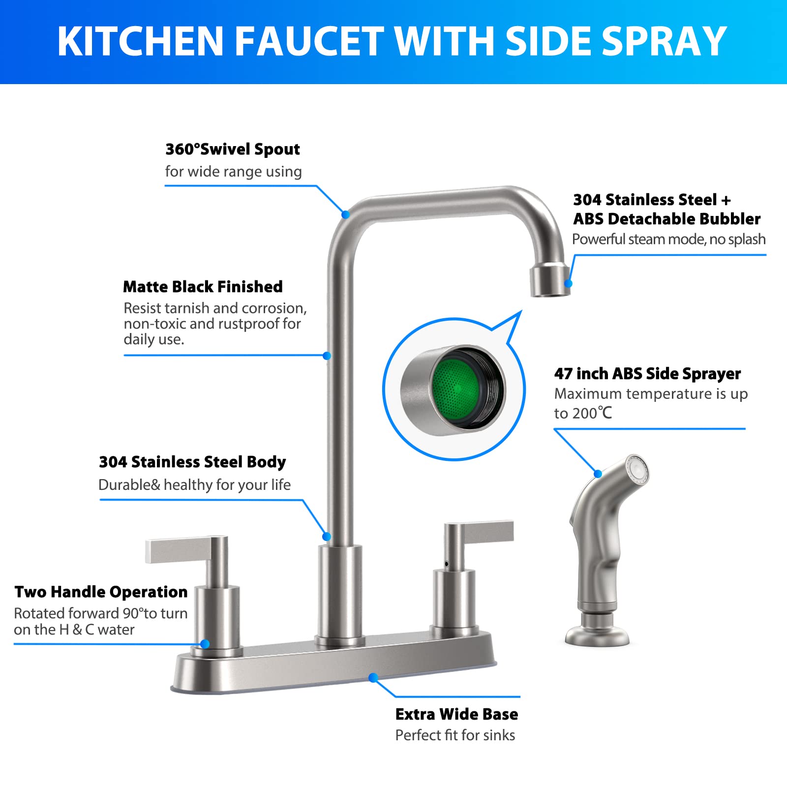 Kitchen Faucet with Sprayer,Brushed Nickel Kitchen Sink Faucet,3 Hole or 4 Hole Faucet for Kitchen Sink,Stainless Steel 2 Handle Kitchen Faucet with Side Sprayer,4 Hole Kitchen Faucets