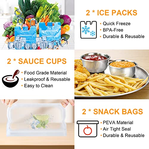 KUBYA Bento Lunch Box Set,Stackable Lunch Container Leak-Proof 3-In-1 Compartment With Ice Packs, Reusable Lunch Bag, Food Bags, Sauce Cups, Lunch Box Microwave Freezer Safe(GREY)