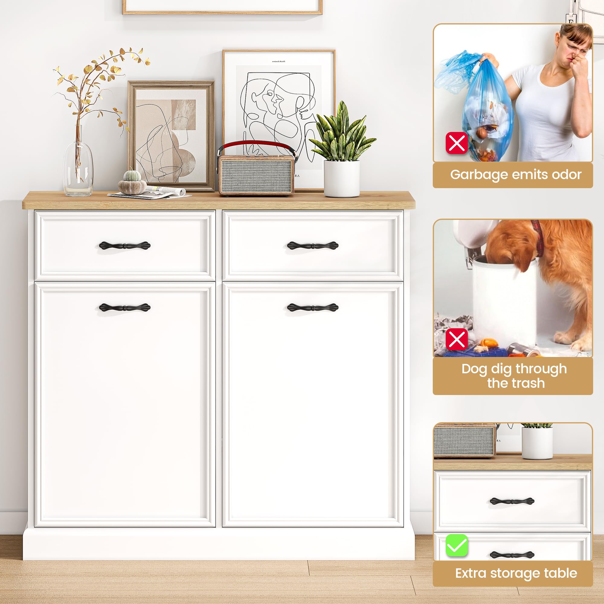 IDEALHOUSE Double Tilt Out Trash Cabinet, Hidden Trash Can Cabinet 10 Gallon Storage Holder, Freestanding Garbage Can Cabinet for Kitchen Dining Living Room