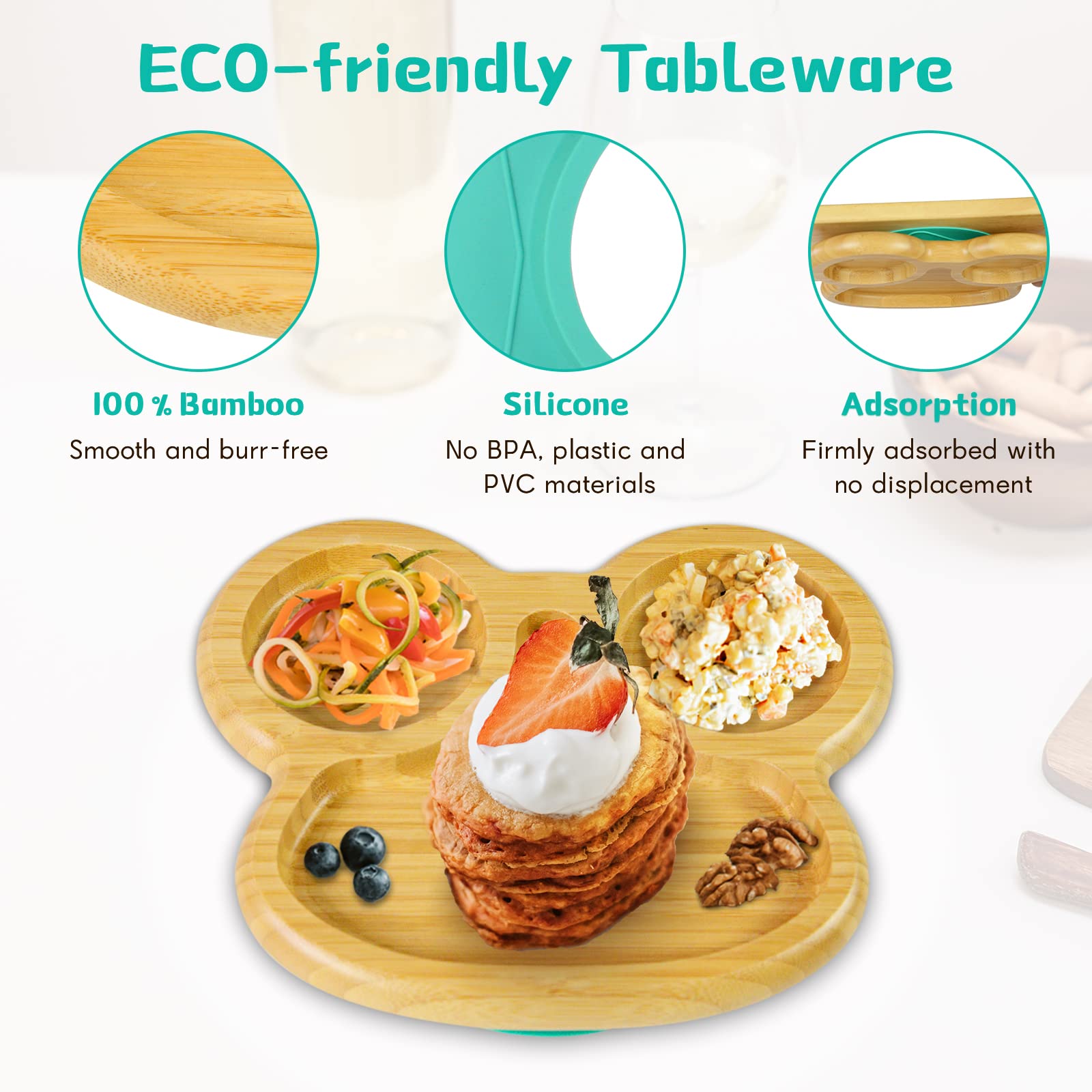 DUDUGWA Bamboo Baby Plates, Bamboo Suction Plates for Babies, Removable Silicone Suction Cup for Kids and Toddlers with Spoon, 6 Months and Older, Frog Plates