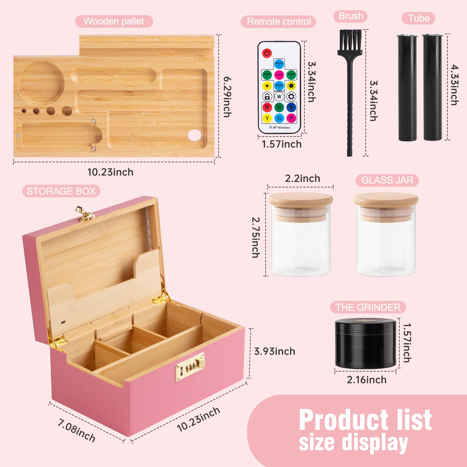 IEVEY Stash Box with Rolling Tray & Neon, Smell Proof Large Bamboo Storage Box with Lock, Decorative Box Set Includes Glass Jars & Grinder & Brush, Great Gift for Men Women(Pink)