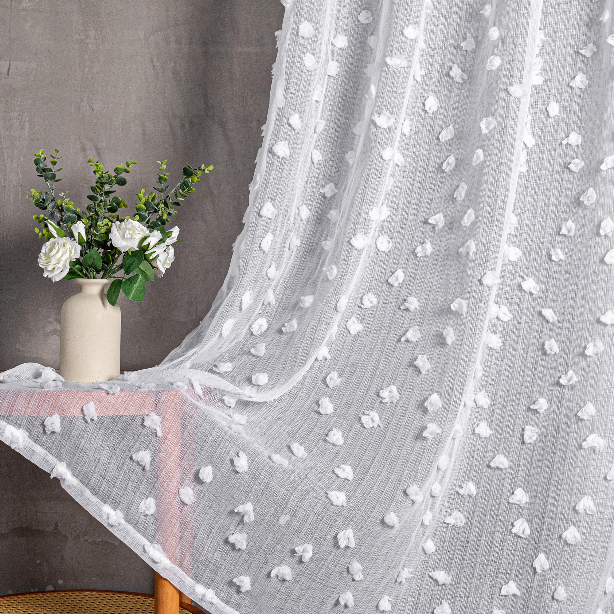 MYSKY HOME Pom Pom White Sheer Curtains for Bedroom Living Room Light Filtering Semi-Sheer Curtains for Nursery Girls Kids Room Rod Pocket Boho Voile Draperies White 52 x 63 inch 2 Panels
