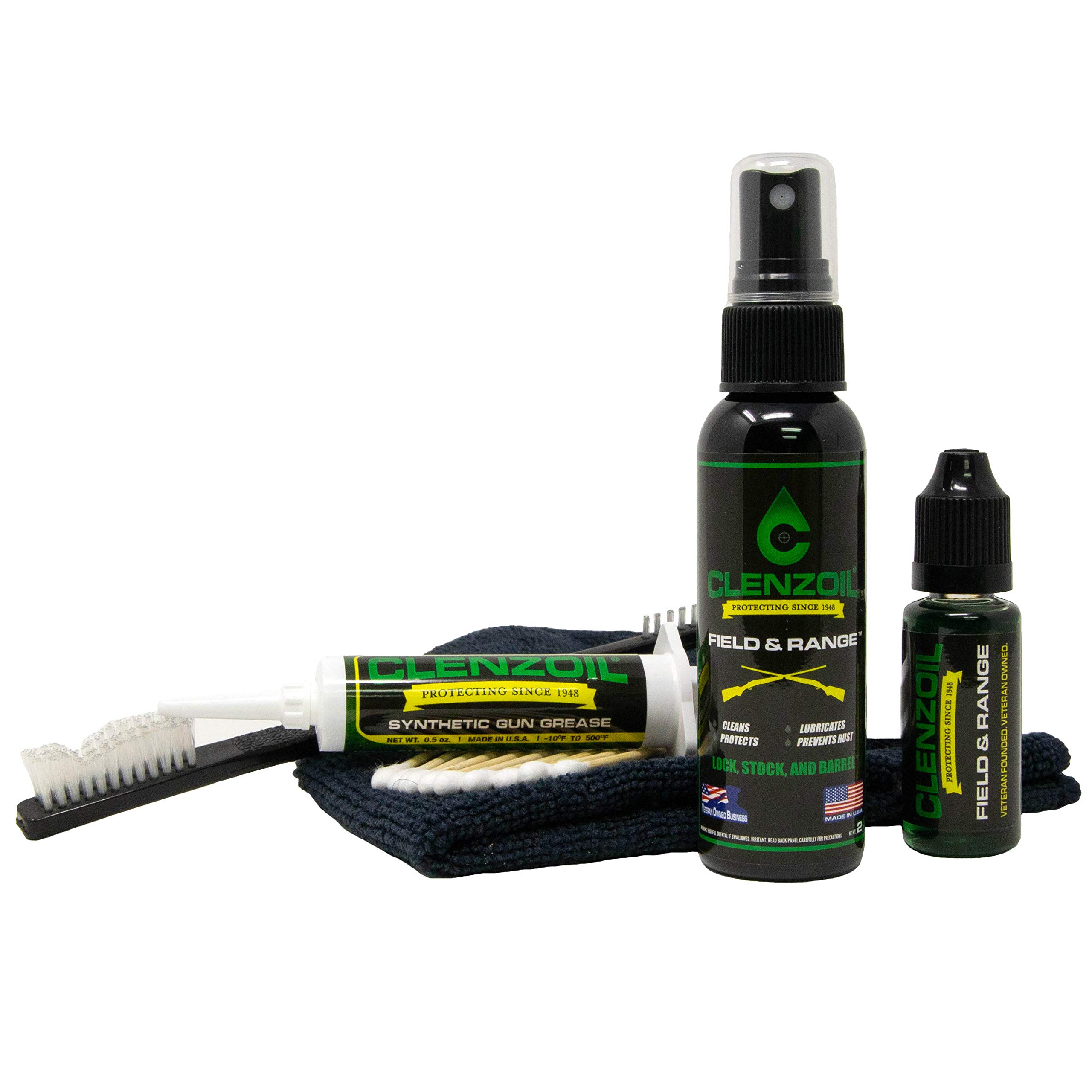 Clenzoil Field & Range Essentials Combo Kit | Cleaner, Lubricant & Grease Kit | All-in-One | Clean, Lubricate, Protect | Rust Preventative Cleaning Kit | Nylon Brush, Swabs & Microfiber Towel Combo