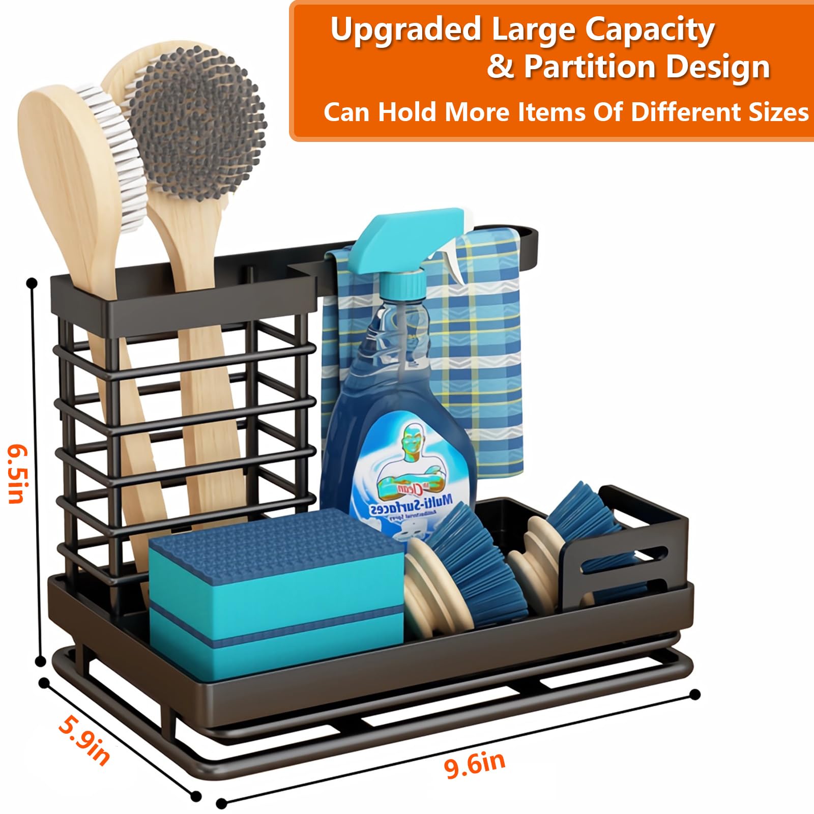 CIT ZCFYU Kitchen Sink Caddy Sponge Holder, Sink Caddy Kitchen Sink Organizer Stainless Steel, Dish Sponge Holder with Dishcloth Rack, Removable Drain Tray for Sponge, Gifts for Women & Men, Black