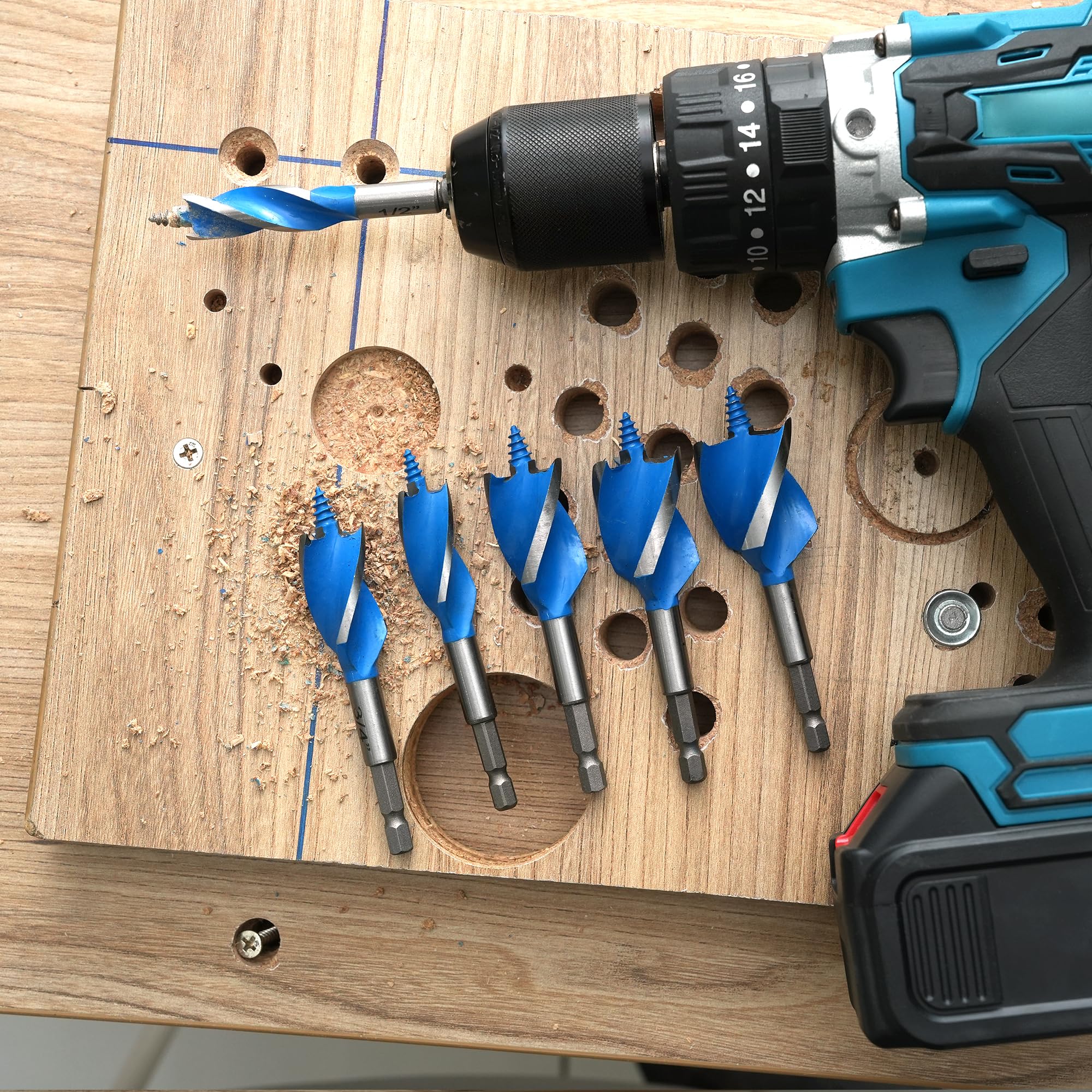 GMTOOLS Auger Drill Bit Set for Wood, 1/2", 5/8", 3/4", 7/8", 1" and 1-1/8" Inch Size, 6-Piece Impact Wood Drill Bit with Hex Shank Quick Change for Hardwood and Softwood, Plastic, etc