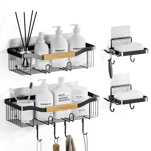 Shower Caddy Bathroom Shelf, 4-Pack Adhesive Shower Organizer with 2 Soap Holders and 16 Hooks, No Drilling Rustproof 304 Stainless Steel Shower Storage Basket Rack for Bathroom & Kitchen Storage