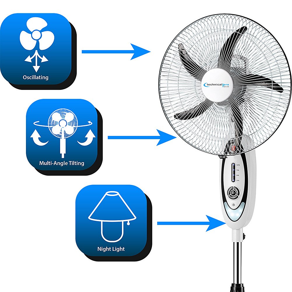 Technical Pro 16β Oscillating 5-speed Rechargeable Freestanding Fan with LED Night light and Power bank, Adjustable Height, Timer & Wireless Remote Included