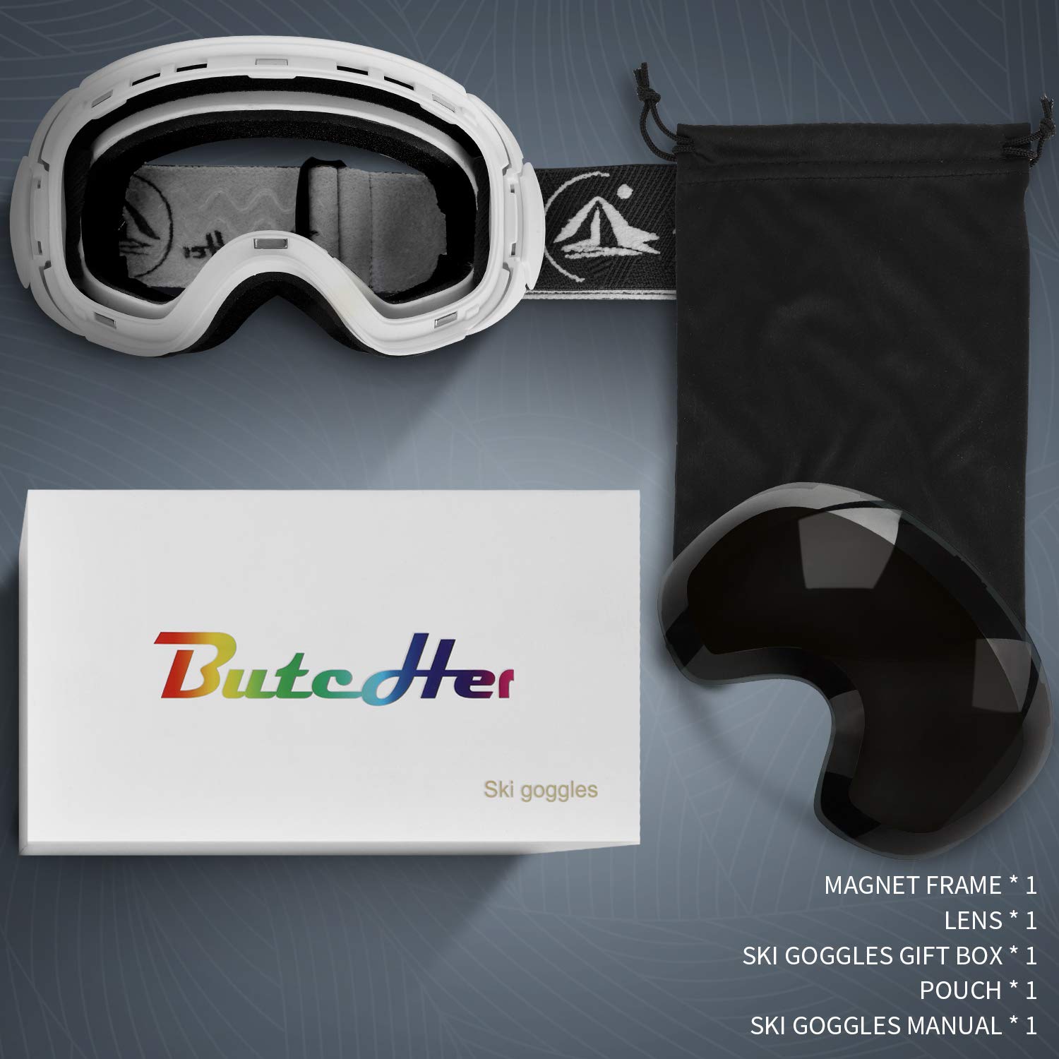 Butc Her Ski Goggles, Magnet Snowboard Goggles Interchangeable OTG Anti-Fog UV Protection Snow Goggles for Men Women Youth
