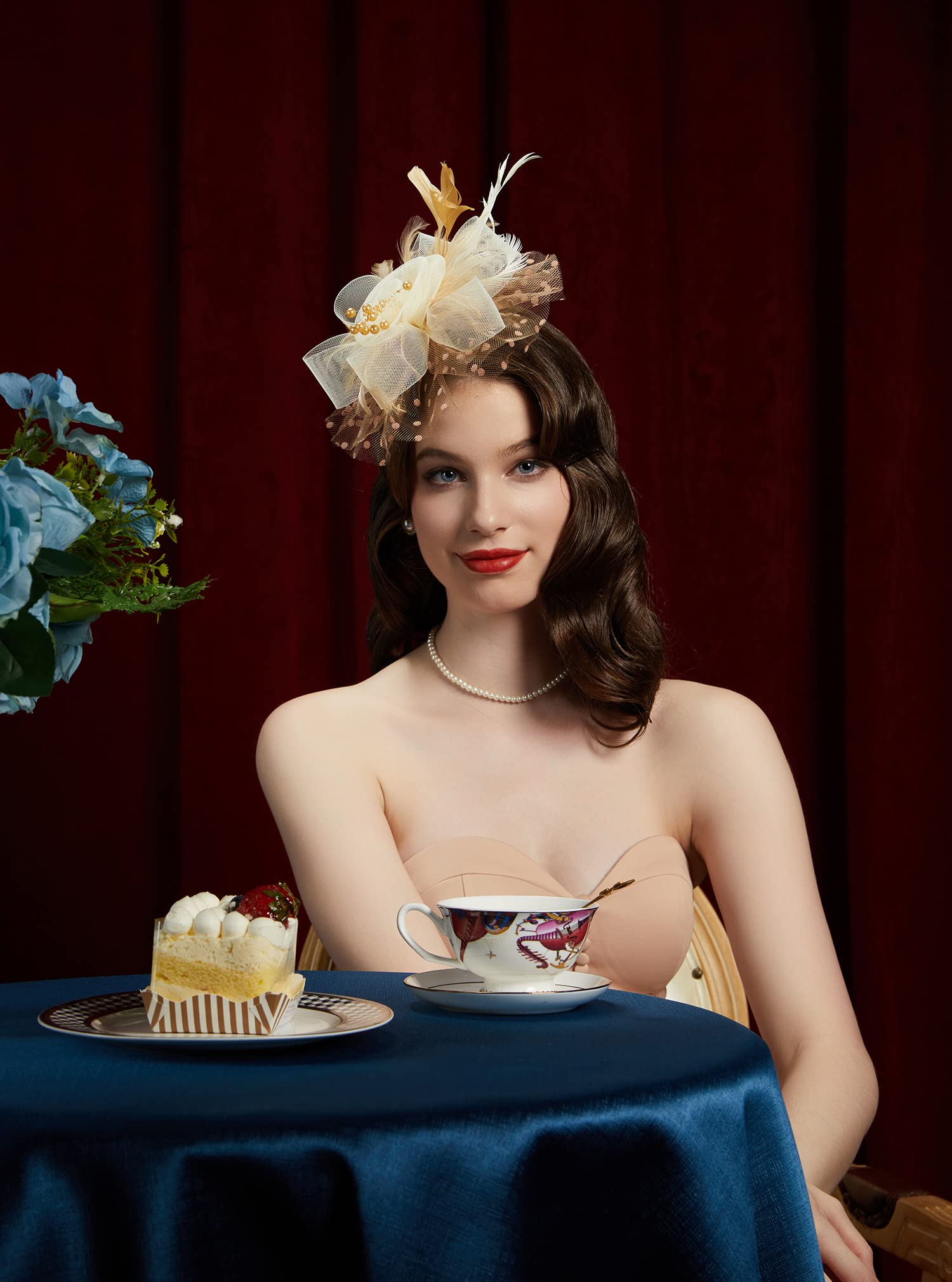 Cizoe Kentucky Derby Fascinators for Women High Tea Party Hat Wedding Cocktail Flower Headware with Mesh and Feathers(Gold&Beige)