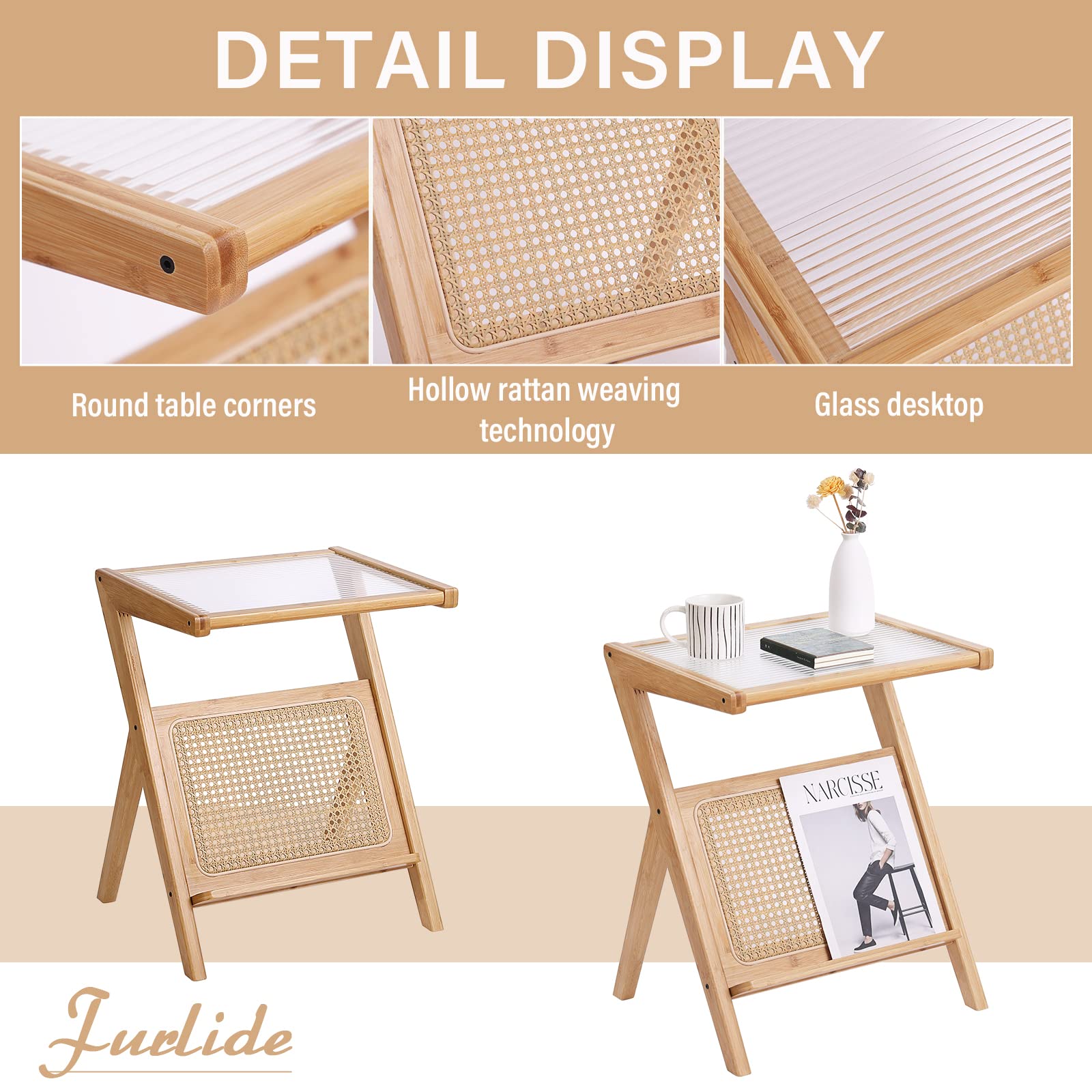 Furlide Tv Tray Table, Bamboo End Table, Boho Nightstand Side Table, Bedroom Coffee Table with Storage, Accent Bedside Tables for Living Room Bedroom Small Spaces (Wood)