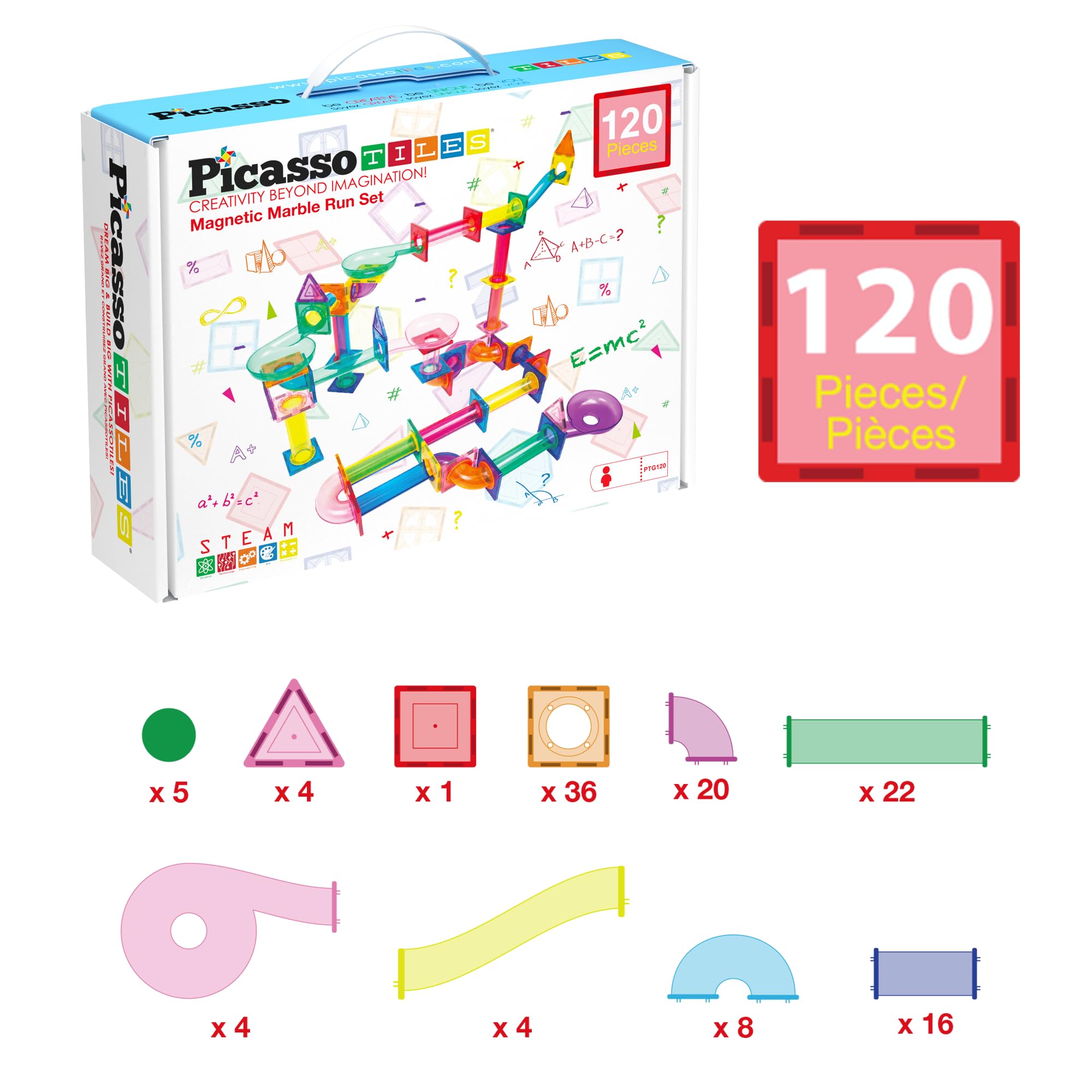PicassoTiles Marble Run 120 Piece Magnetic Building Blocks Magnet Tile Construction Toy Playset STEM Learning Educational Block Child Brain Development Kids Toys for Boys and Girls Age 3 and Up