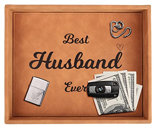 HofferRuffer Faux Leather Jewelry Tray Gifts for Husband, Valet Tray Storage Vanity Tray Desktop Organizer Holder for Storing Jewelry, Keys, Change, Wallet, Phone, Glasses (Best Husband Ever)