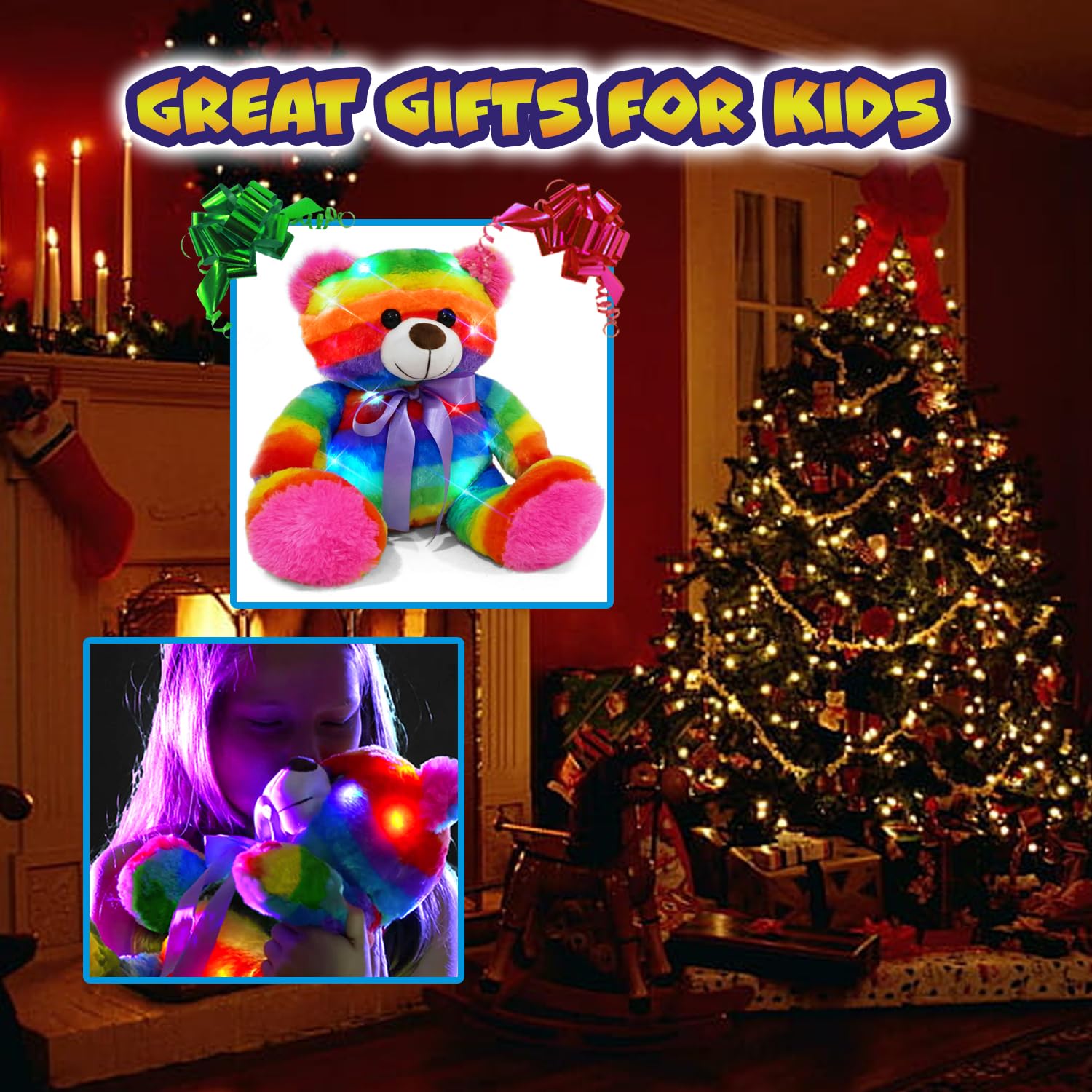 The Noodley Rainbow Lites Light Up Teddy Bear Stuffed Animal Plush LED Night Light Sleep Toy for Girls (16 inch, Batteries Included)