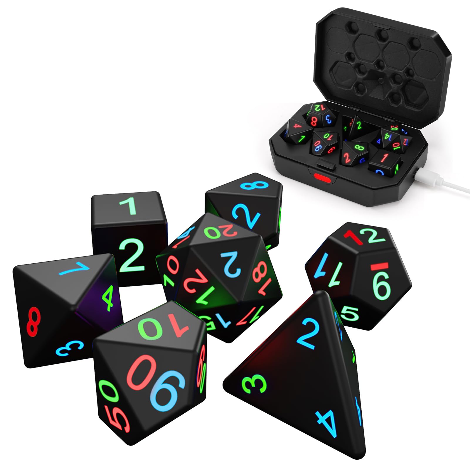 DND Dice Set Laelr Polyhedral DND Dice 7 PCS Glowing Dice Set with Charging Box Electronic Dices Shake to Light Up Dice D&D Dice Rechargeable for Dungeon and Dragons Role Playing Game Tabletop Games
