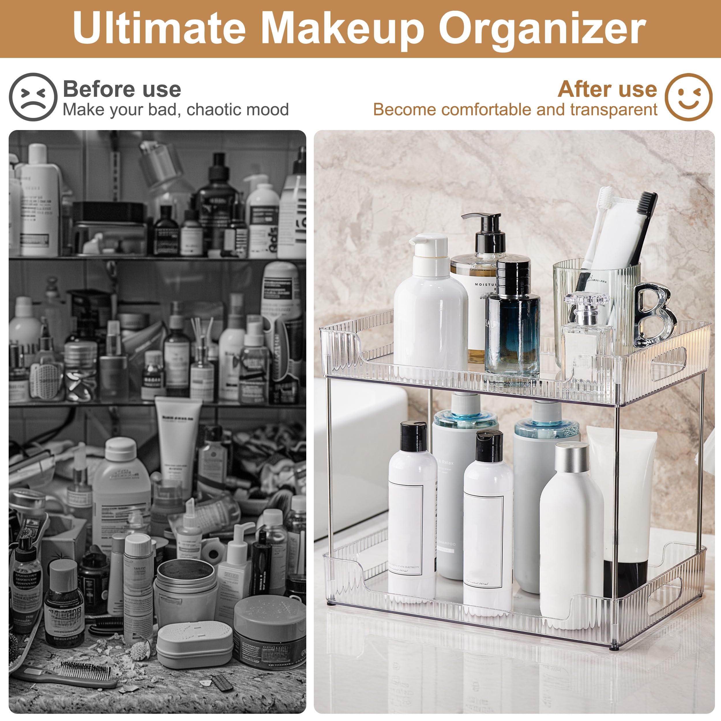 Goderewild 3-Tier Bathroom Counter Organizer, Multi-Purpose Cosmetics Skincare Shelf, Fits A4 Size Makeup Organizer for Office and Vanity Tray, Countertop Storage Solution for Kitchen,Bath.(Clear)