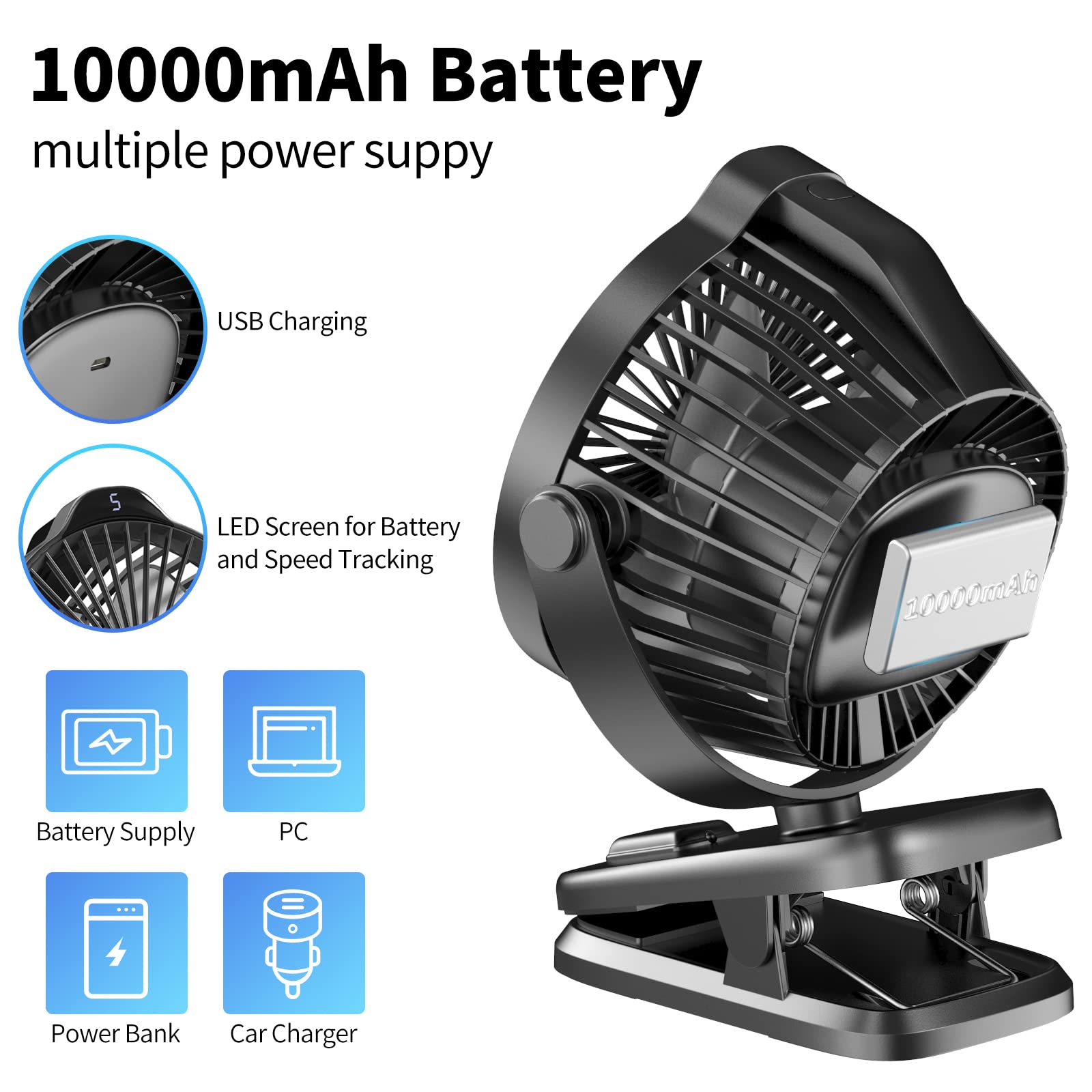 DILIBIRD 10000mAh Clip on Fan Battery Powered Desk Fan with 5 Speeds and Remote Control - Rechargeable Fan Portable with Screen Battery Display for Bed, Golf Cart, Van
