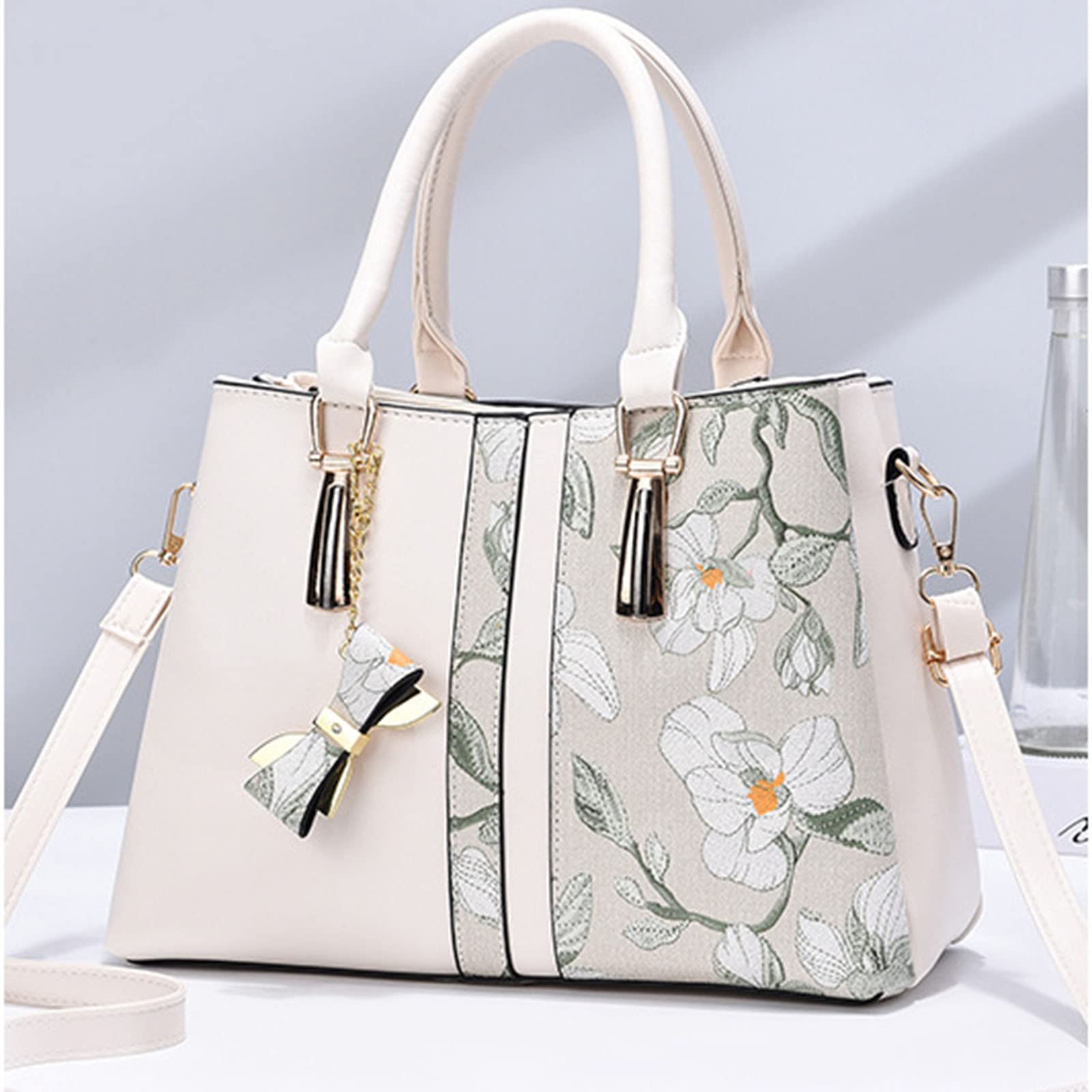 Embroidered Bag Large Capacity Handbag Fashion Shoulder Bag Leather Shoulder Bag for Women (White, One Size)