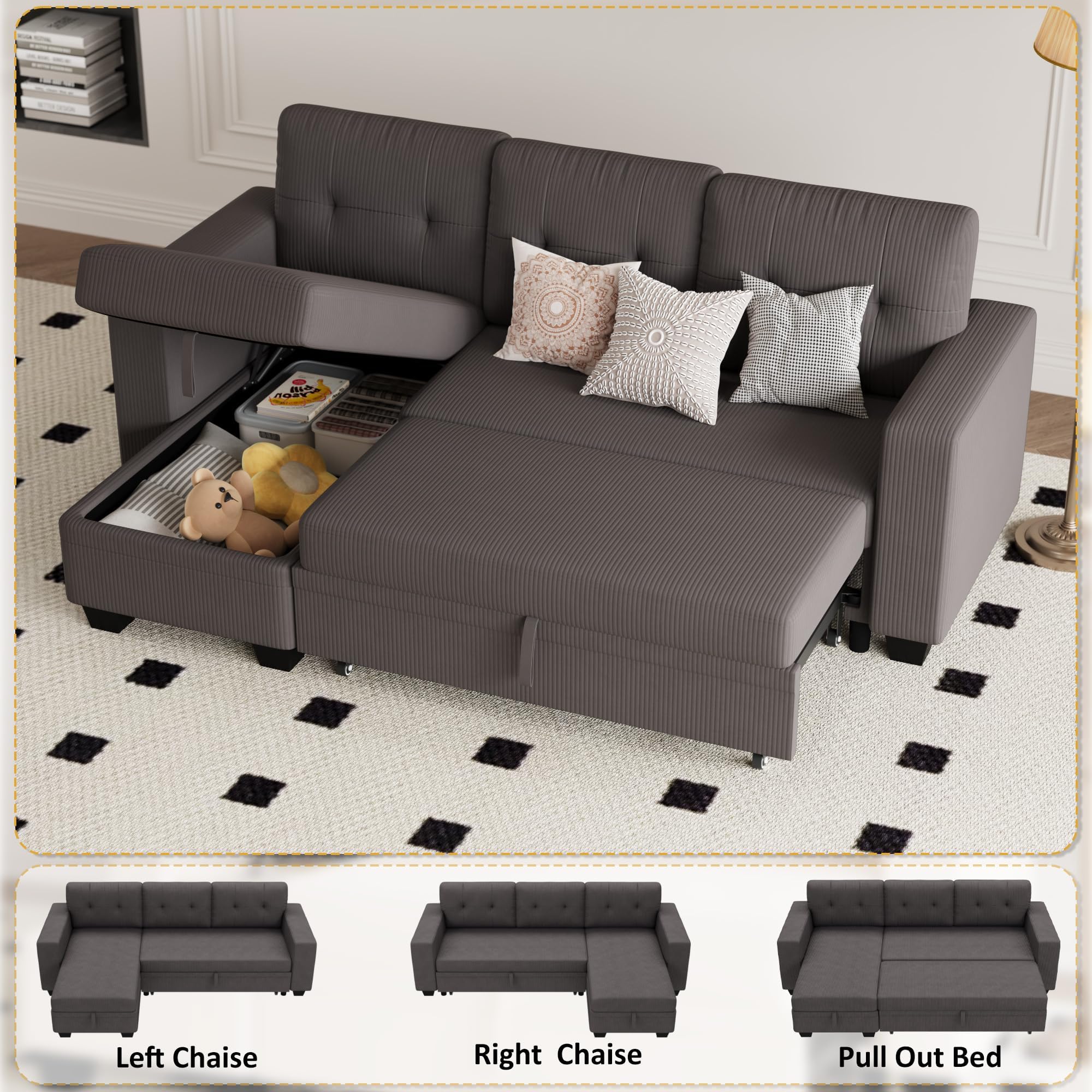 Furniwell Sleeper Sofa, L Shaped Pull Out Couch Sofa Bed with Storage Chaise Sectional Couch for Small Apartments, Living Room and Office (Corduroy)