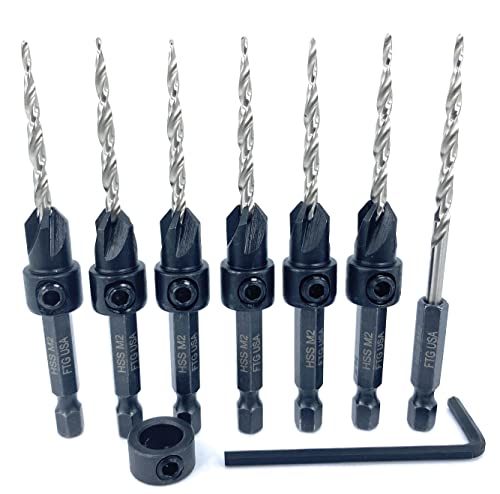 FTG USA Countersink Drill Bit Set 6 Pc #6 (9/64") Wood Countersink Drill Bit, Pro Pack Countersink Bit, 1 Extra Tapered Drill Bit for Countersink, 1 Stop Collar, 1 Hex Wrench