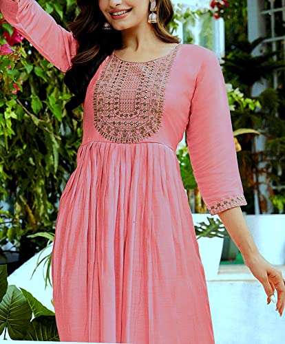 ladyline Womens Anarkali Rayon Silk Embroidered Kurti Kurta Tunic Flair Dress (42/Pink)