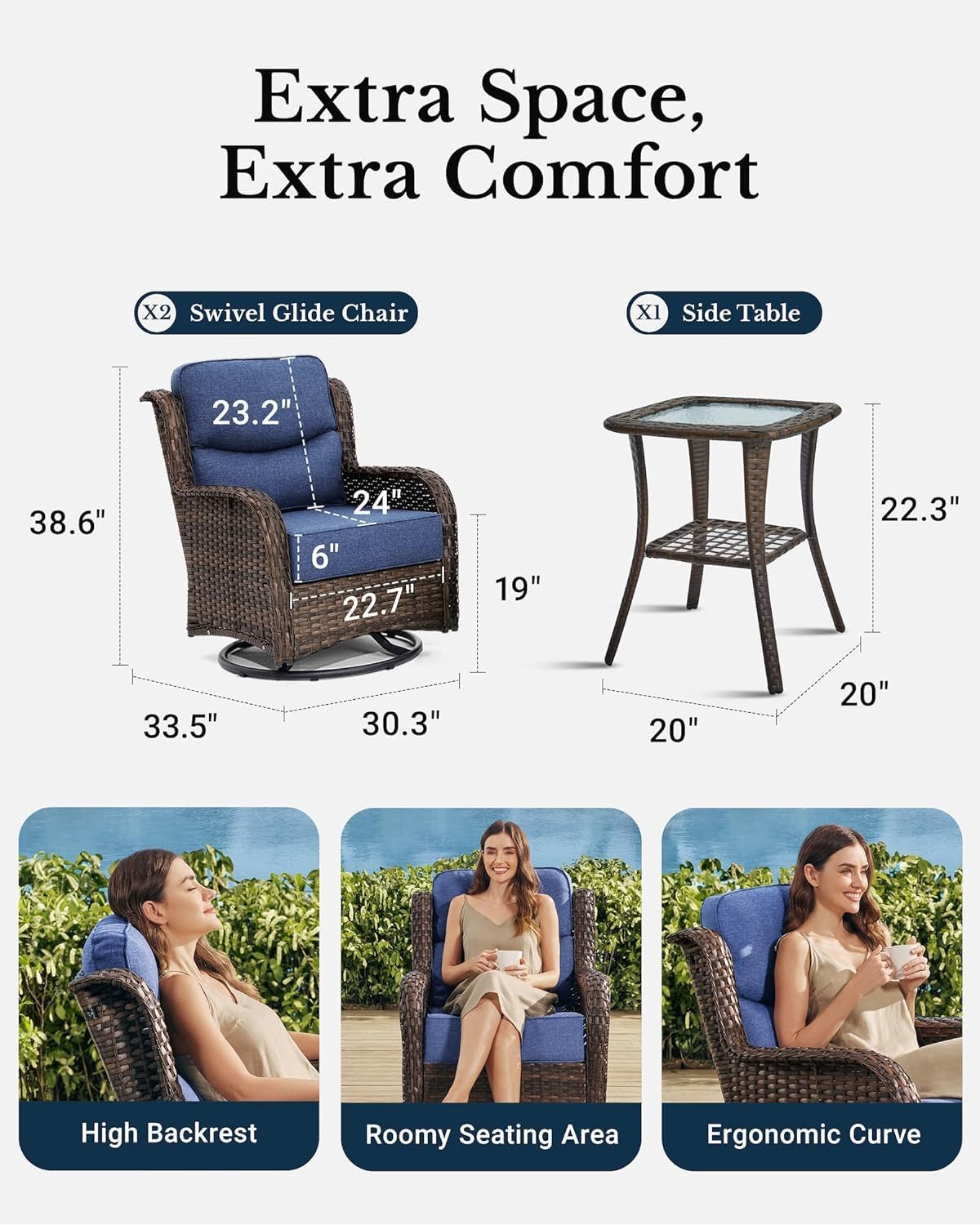 HILLGA Luxury High Back Outdoor Swivel Rocker Patio Chairs Set of 2, with 6-Inch Thick Cushions and Side Table, Ideal for Porch, Poolside, Deck, and Yard in Blue (PRO Version 2.0)
