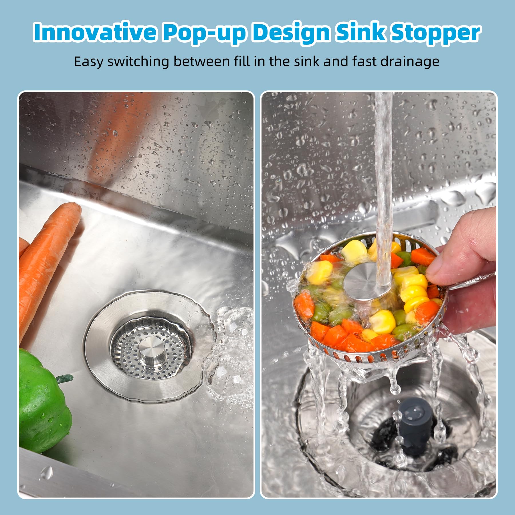 Hibbent All Metal Stainless Steel 3 in 1 Kitchen Sink Drain Strainer, Upgraded Anti-Rust Sink Stop Combo, Anti-Clogging Stainless Steel Basket Strainer with Metal Handle for US Standard 3-1/2" Drain