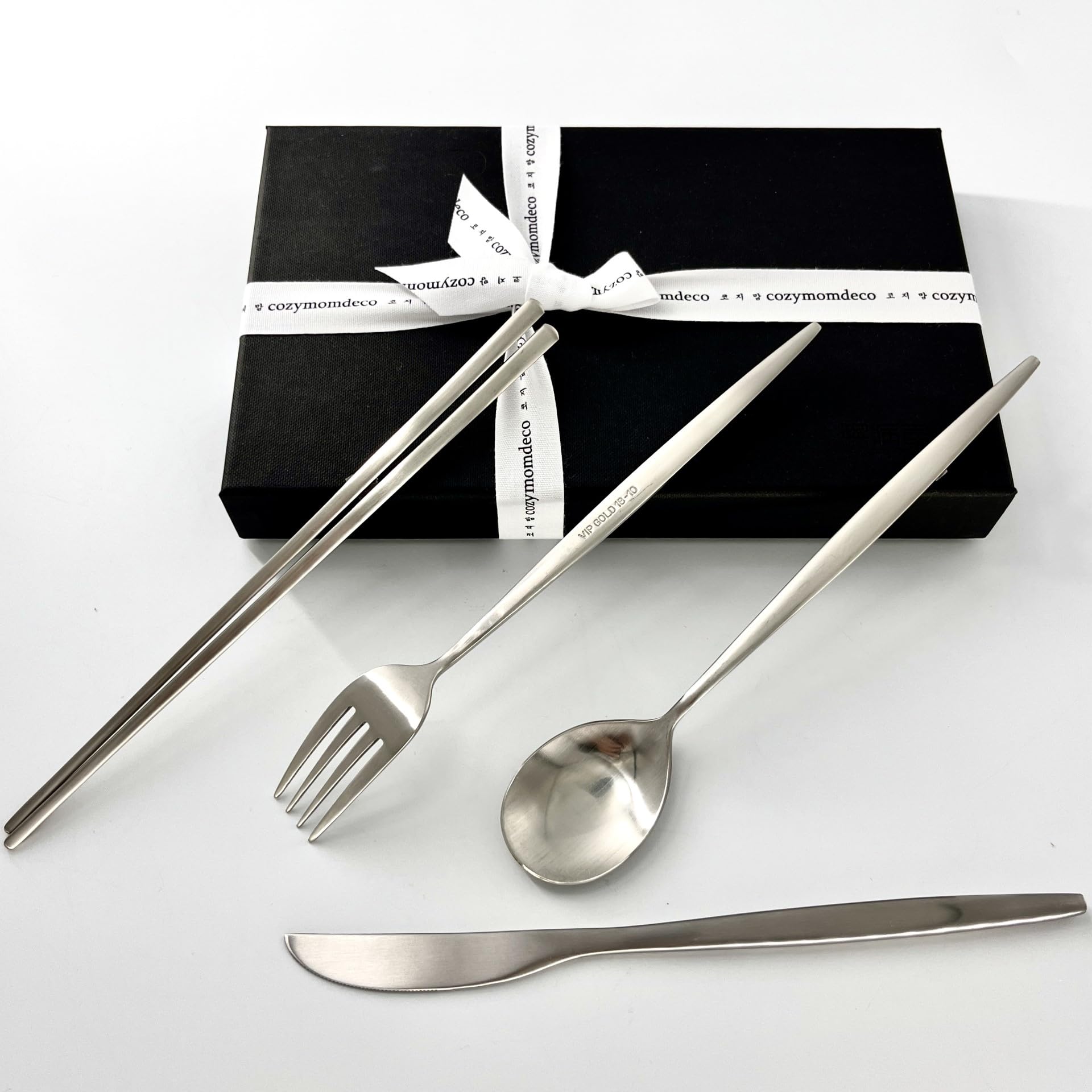 cozymomdeco Korean Made Stainless Steel Utensil Flatware Cutlery Korean Chopsticks and Spoon Set Fork Knife Spoon & Chopsticks, 4Pcs (Silver)