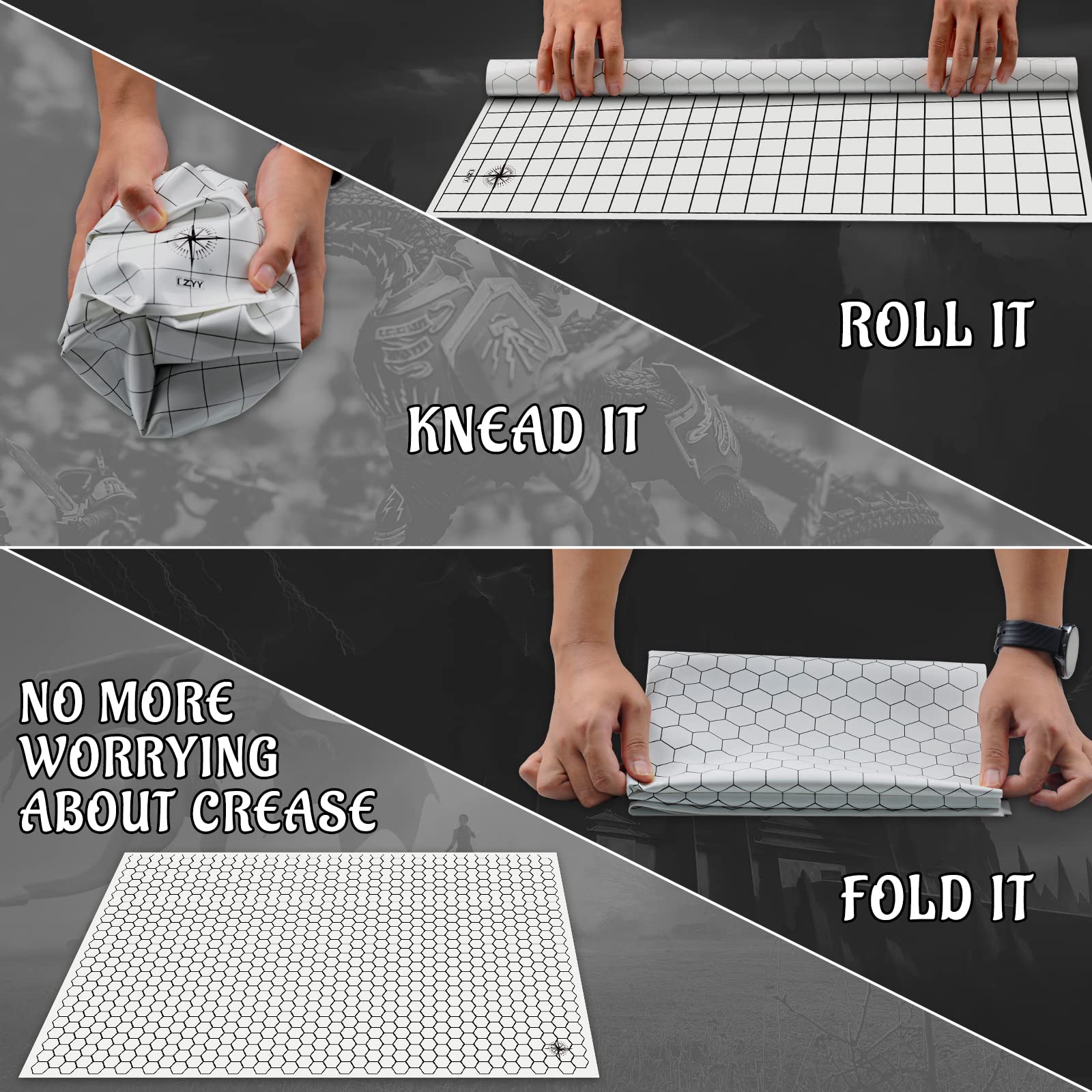 DND RPG Gaming Mat Silicone Battle Board Double-Sided Square & Hex 23"x35" - Foldable and Rollable - Perfect for Dungeons Dragons, Pathfinder and Role Playing Game