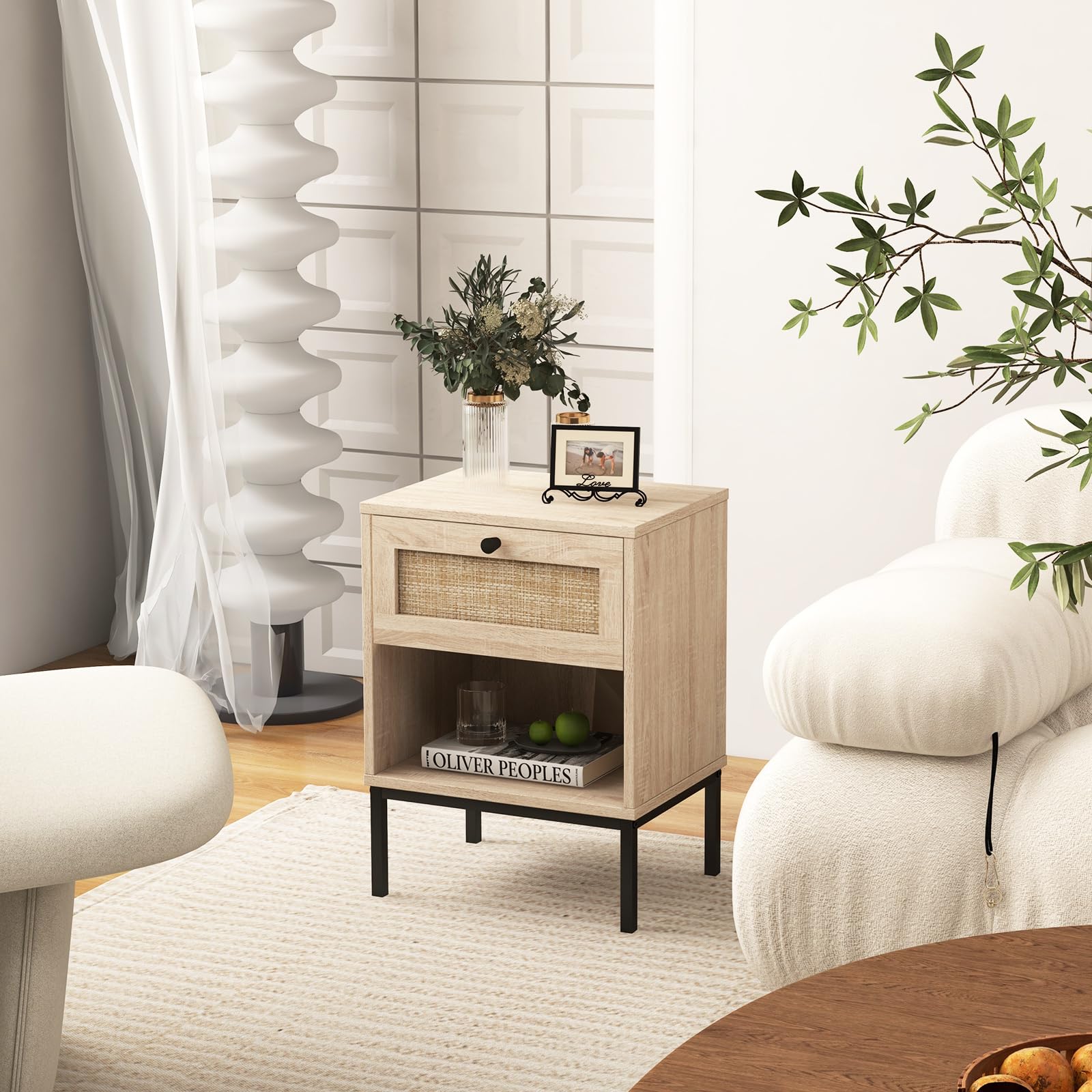 GOFLAME Rattan Nightstand Set of 2, Boho Bedside Table with Drawer & Open Shelf, Wooden End Table with Metal Legs, Farmhouse Sofa Side Table for Bedroom and Small Spaces, Oak