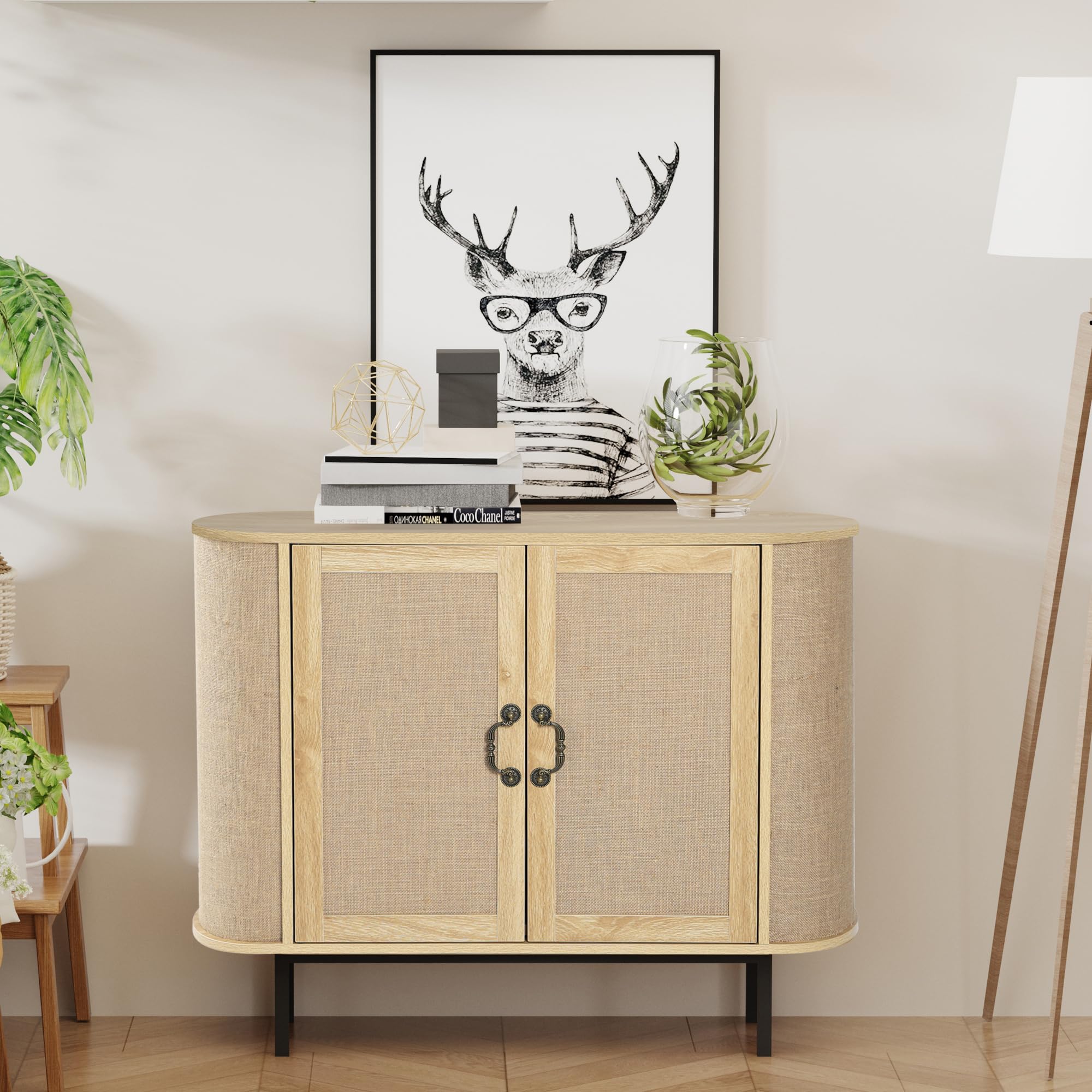 FurSch 40” Sideboard Buffet Cabinet with Storage,Oval Small Buffet Cabinet,Boho Rattan Accent Cabinet Sideboard for Living Room,Dining Room