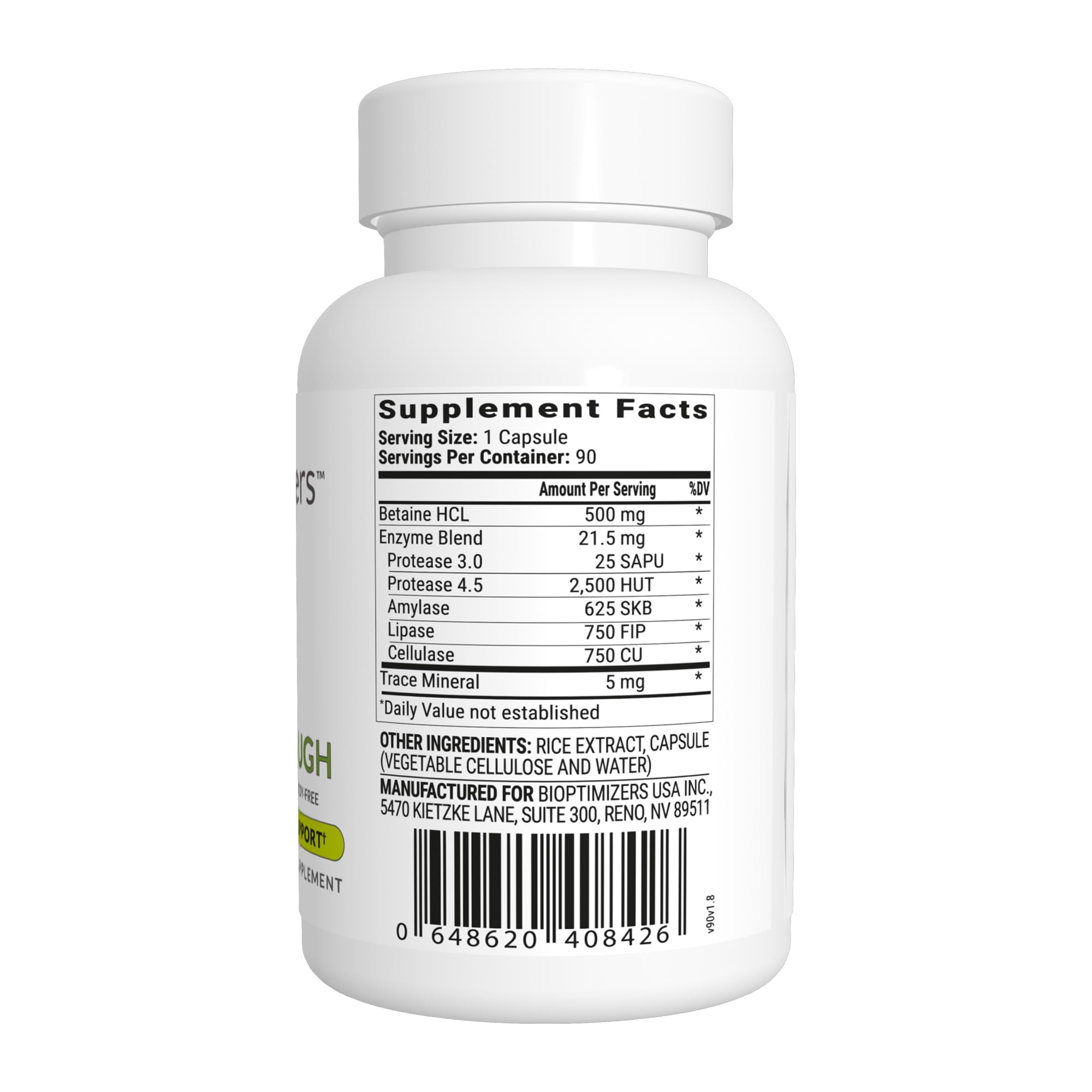 BiOptimizers HCL Breakthrough - Betaine Hydrochloride Enzymes Supplement - Assists with Protein Breakdown and Absorption - Helps Gas and Heartburn Relief - 90 Pepsin-Free Capsules