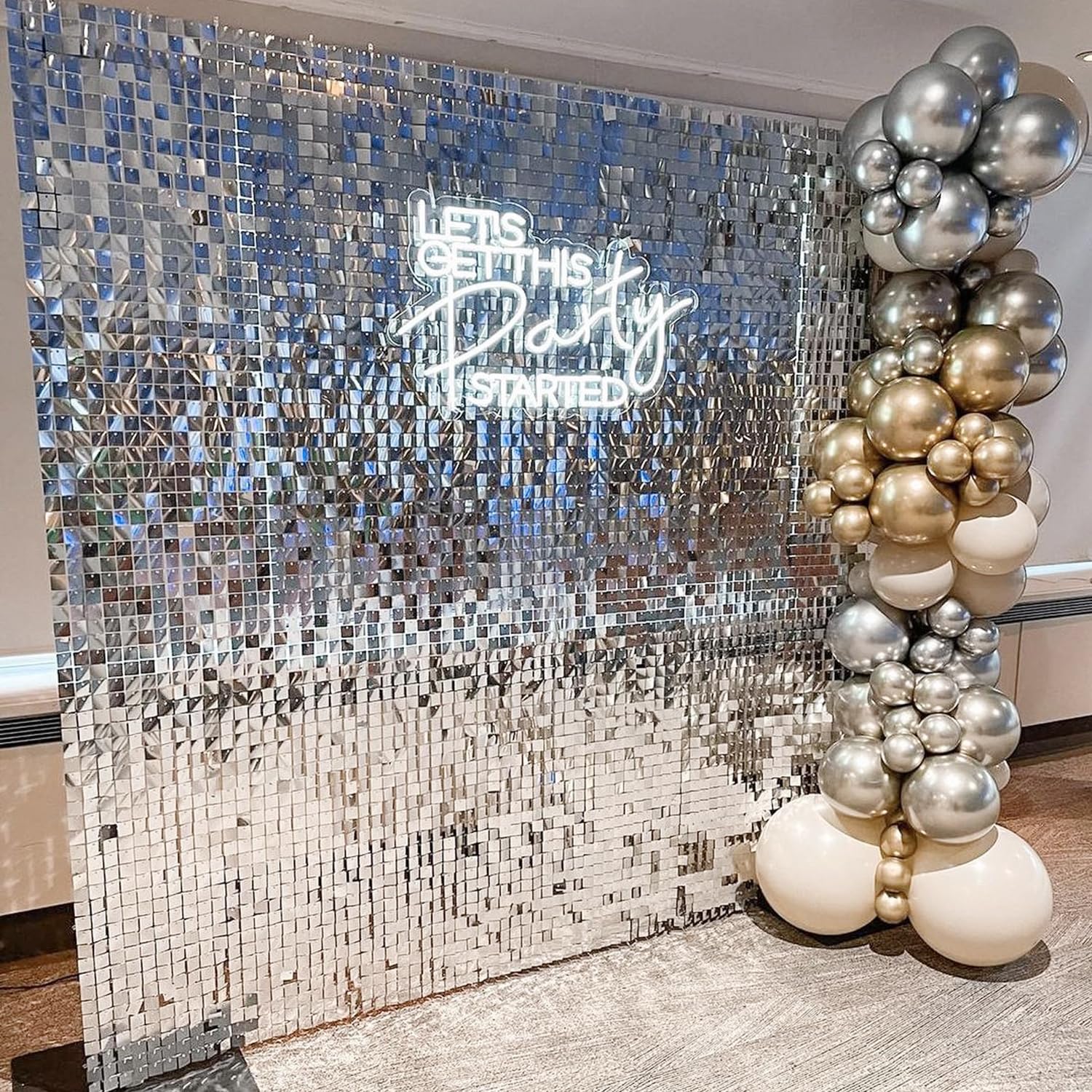 COKAOBE Silver Shimmer Wall Backdrop, 30PCS Square Sequin Shimmer Backdrop Panel, Sequin Backdrops for Birthday, Anniversary, Wedding, Graduation & Bachelorette Party Decoration
