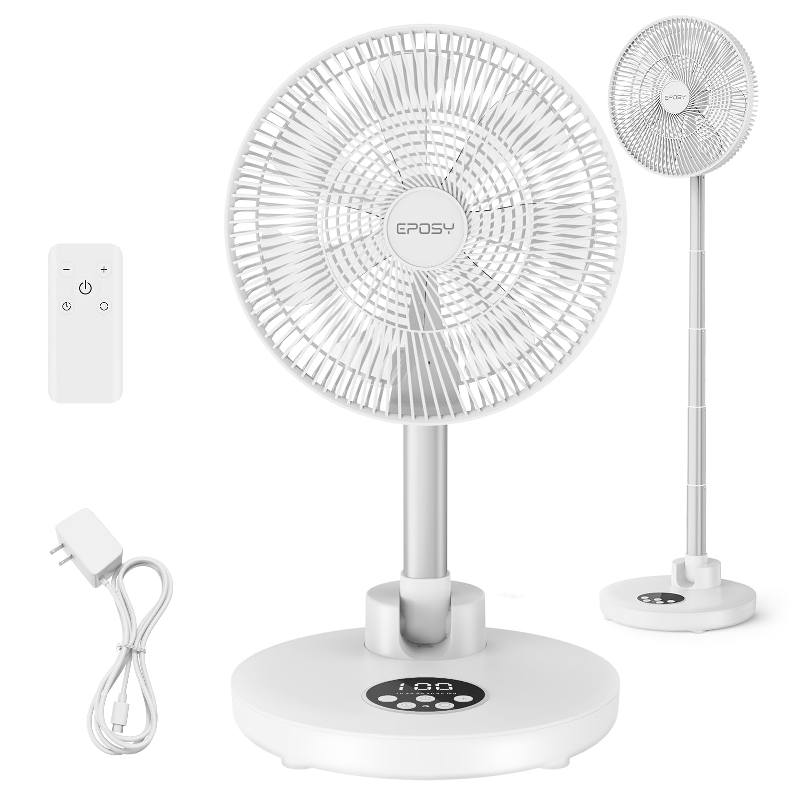 Eposy Standing Oscillating Fan 12" Foldable Portable Quiet Floor Fan, 12000mAh with Remote, Timer Setting, Height Adjustable, 6 Speed Portable Fan for Bedroom Office, Black
