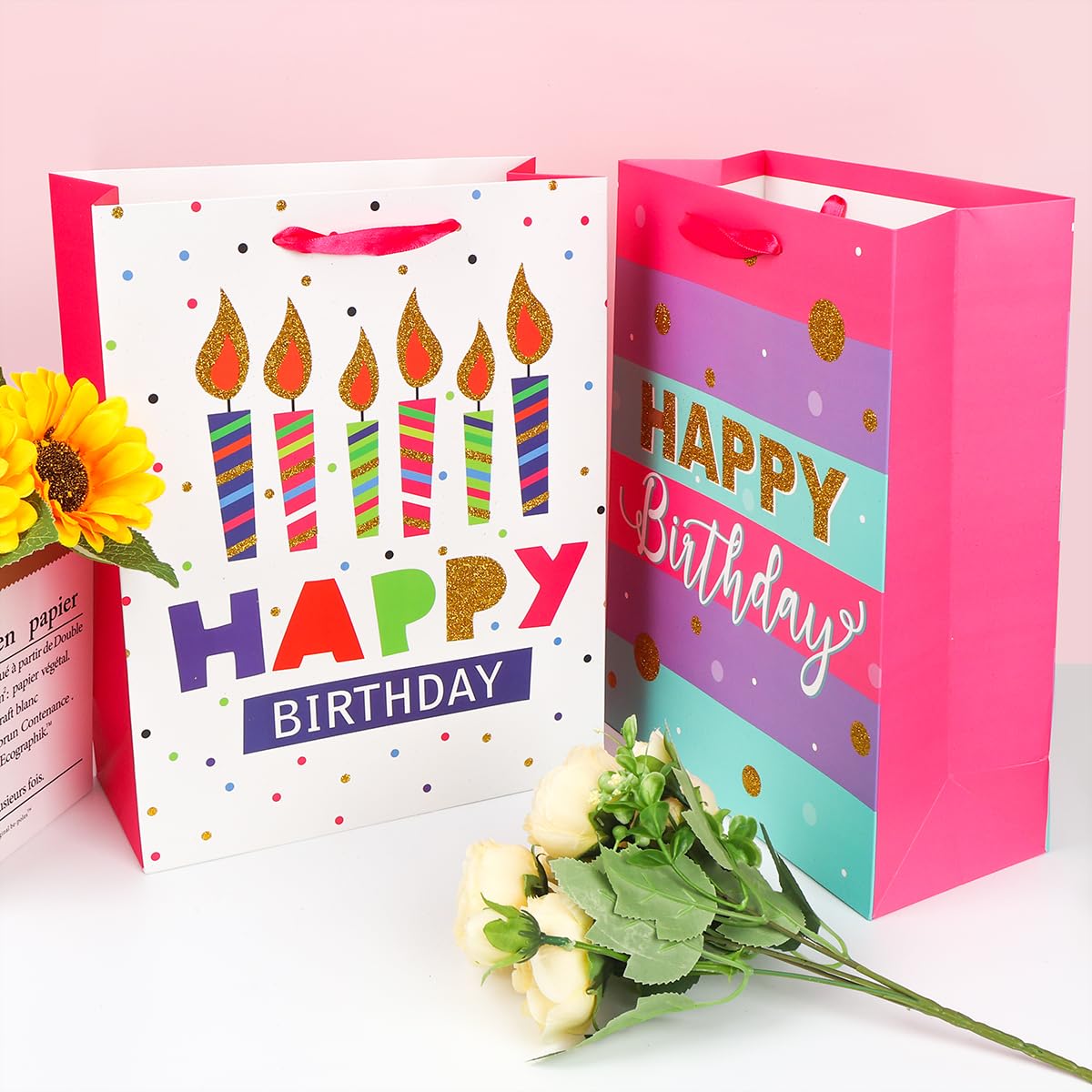 Dimetey 2 Pack 12.6" Large Gift Bag with Tissue Paper and Happy Birthday Card for Birthdays (Pink)