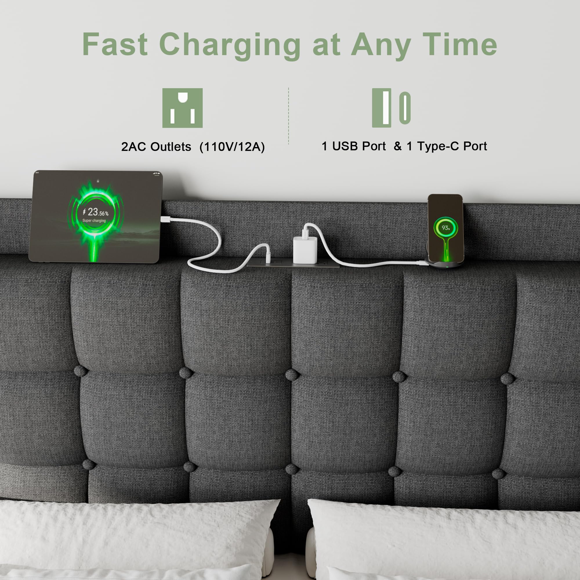 Feonase Queen Bed Frame with Charging Station, Upholstered Platform Bed Frame with Wingback Storage Headboard, No Box Spring Needed, Easy Assembly, Dark Grey