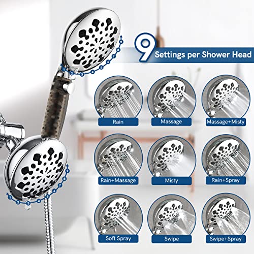 Fulgutonit Modern 9-Setting Shower Head with Handheld Combo, Polished Finish, Removes Chlorine and Harmful Substances