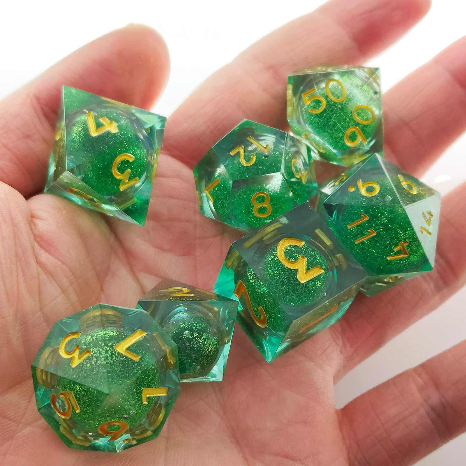 Dice Set - Polyhedral Dice TRPG Game Accessories 100% Handmade Sharp Dice Mtg D20 Dice Set Inclusions Liquid Core Dice Quicksand Ball Send Black Leather Pouch - Green