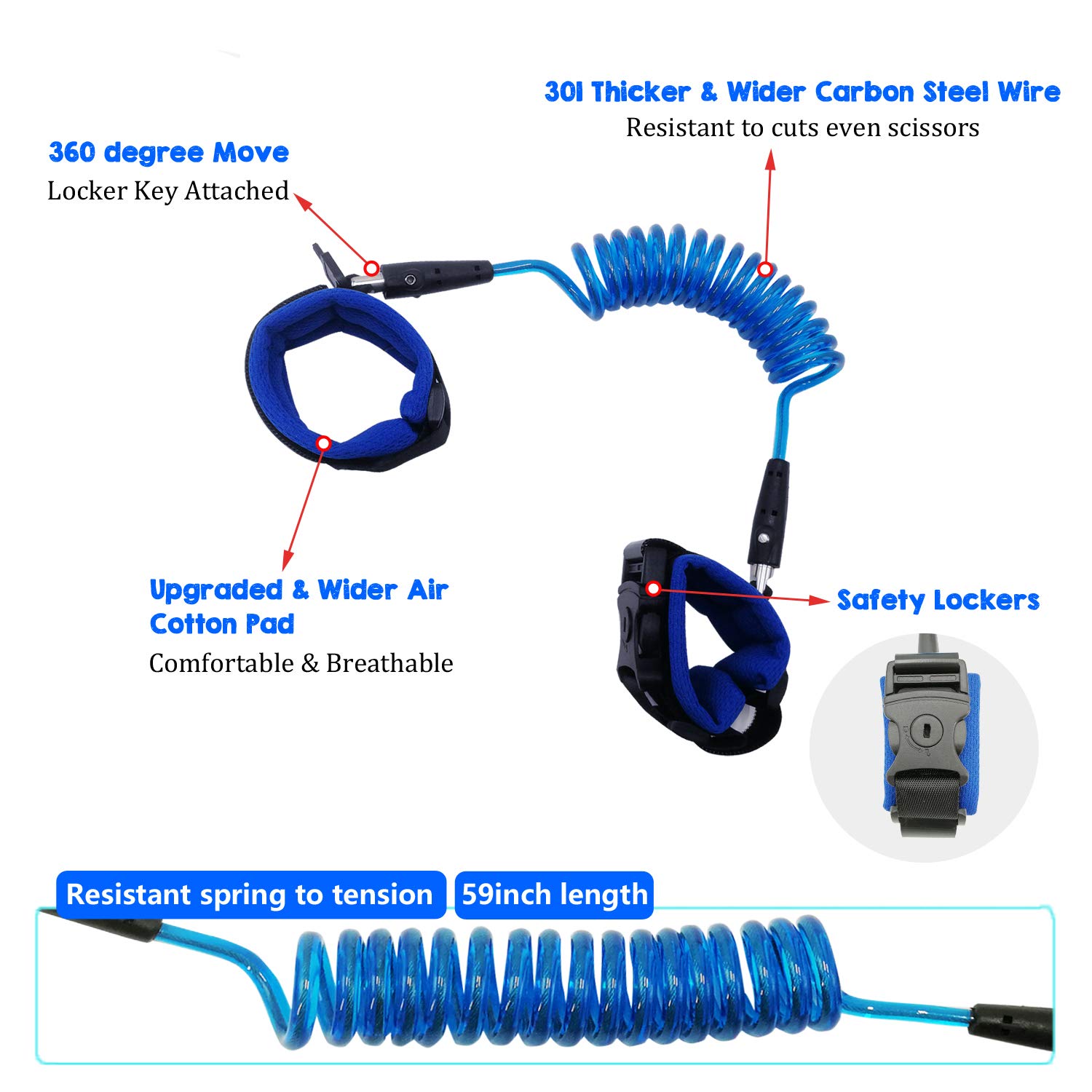 Child Safety Leash for Walking | Toddler Wrist & Hand Leash for Baby & Kids - Upgraded Version with Lock- 2Pack (Blue, 4.9ft + 8.2ft)