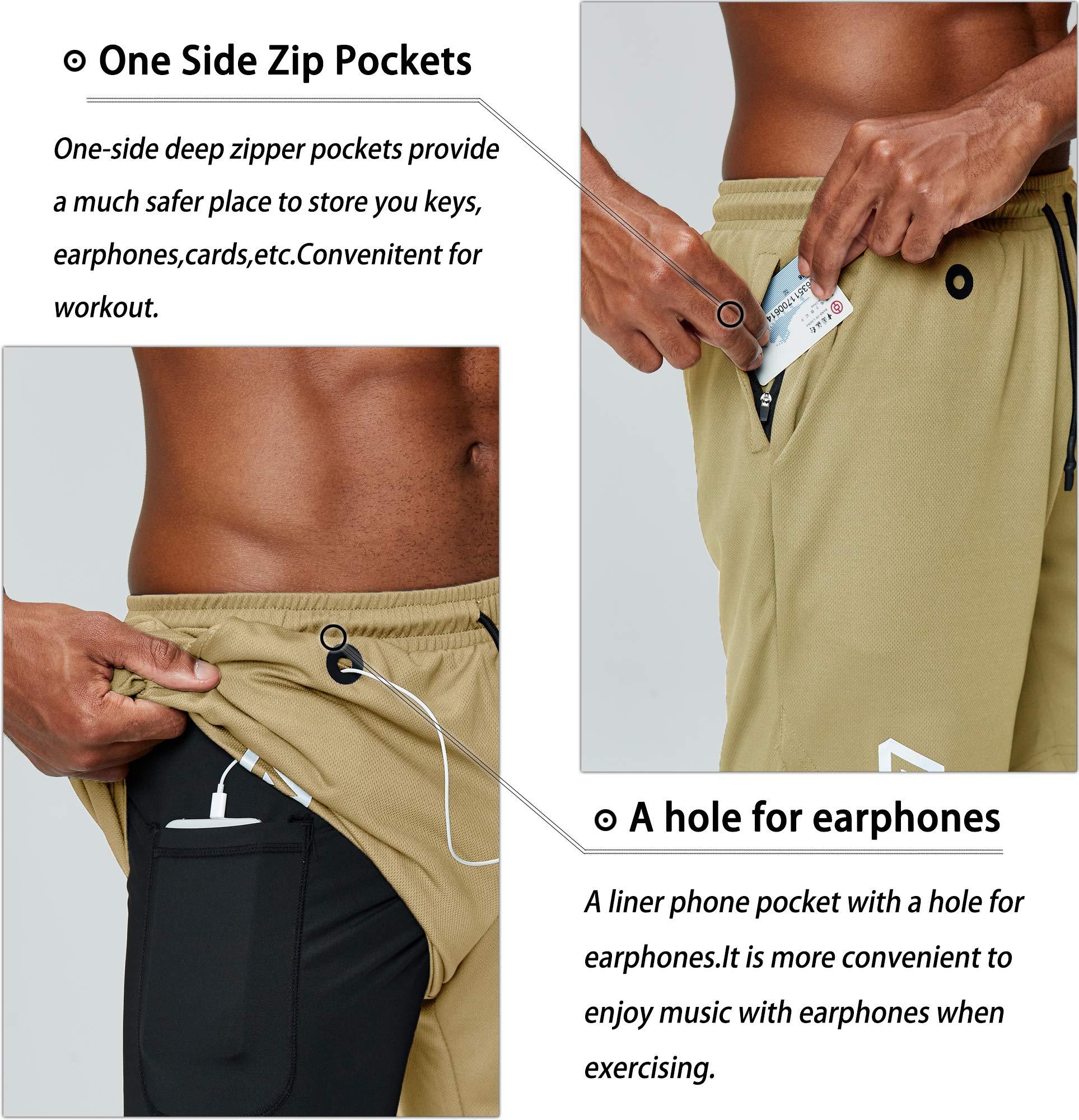 Pinkbomb Men's 2 in 1 Running Shorts Gym Workout Quick Dry Mens Shorts with Phone Pocket (Khaki, Medium