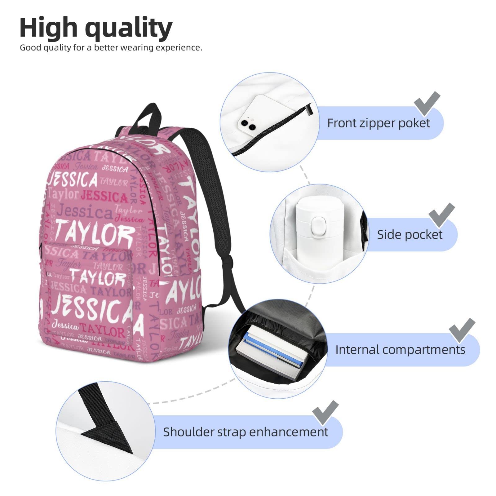 Custom Name School Backpack, Personalized Casual Daypack Backpacks Design Your Own Name for Boys Girls Men Women, Customized Hot Pink Theme 2 Sizes Student Bookbag for Travel Work School