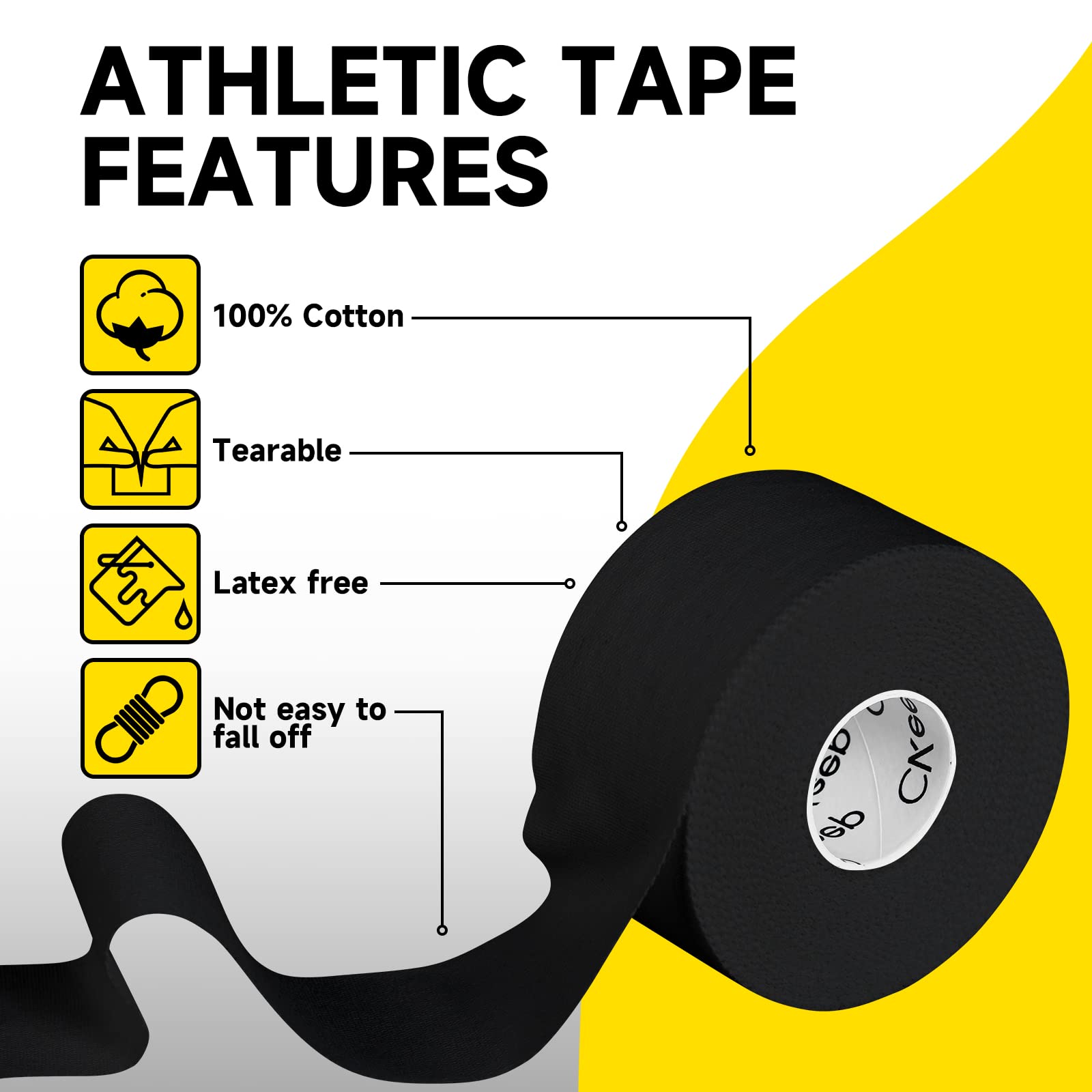 CKeep Athletic Tape, 45ft Per Roll, Easy to Tear and No Residue, Sport Tape for Strains and Sprains, Hypoallergenic and Breathable (3 Black)