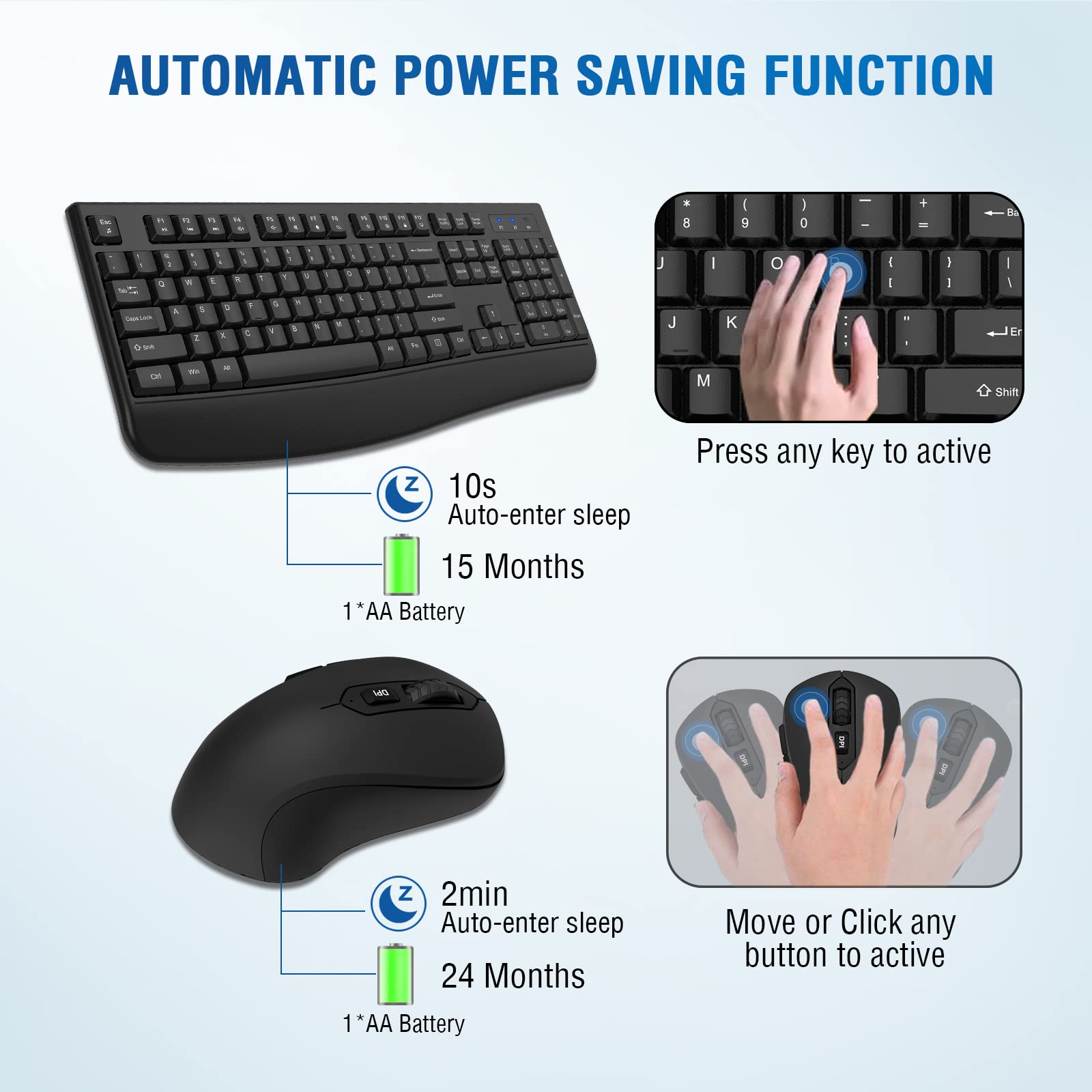 Full-Sized 2.4GHz Wireless Keyboard and Mouse Combo with Comfortable Palm Rest for Windows, Mac OS PC/Desktops/Laptops(Black)