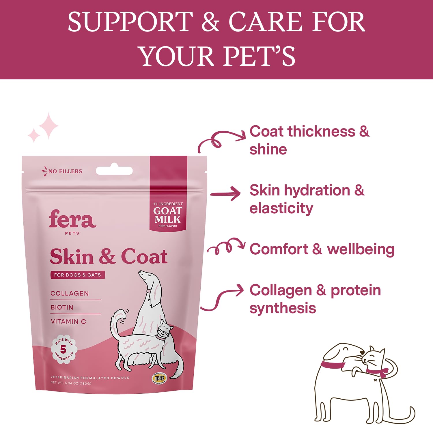 Fera Pet Organics Skin & Coat Goat Milk Cat & Dog β Vet Created - Pet Coat Thickness & Skin Hydration - Collagen, Biotin & Vitamin C - 60 Servings