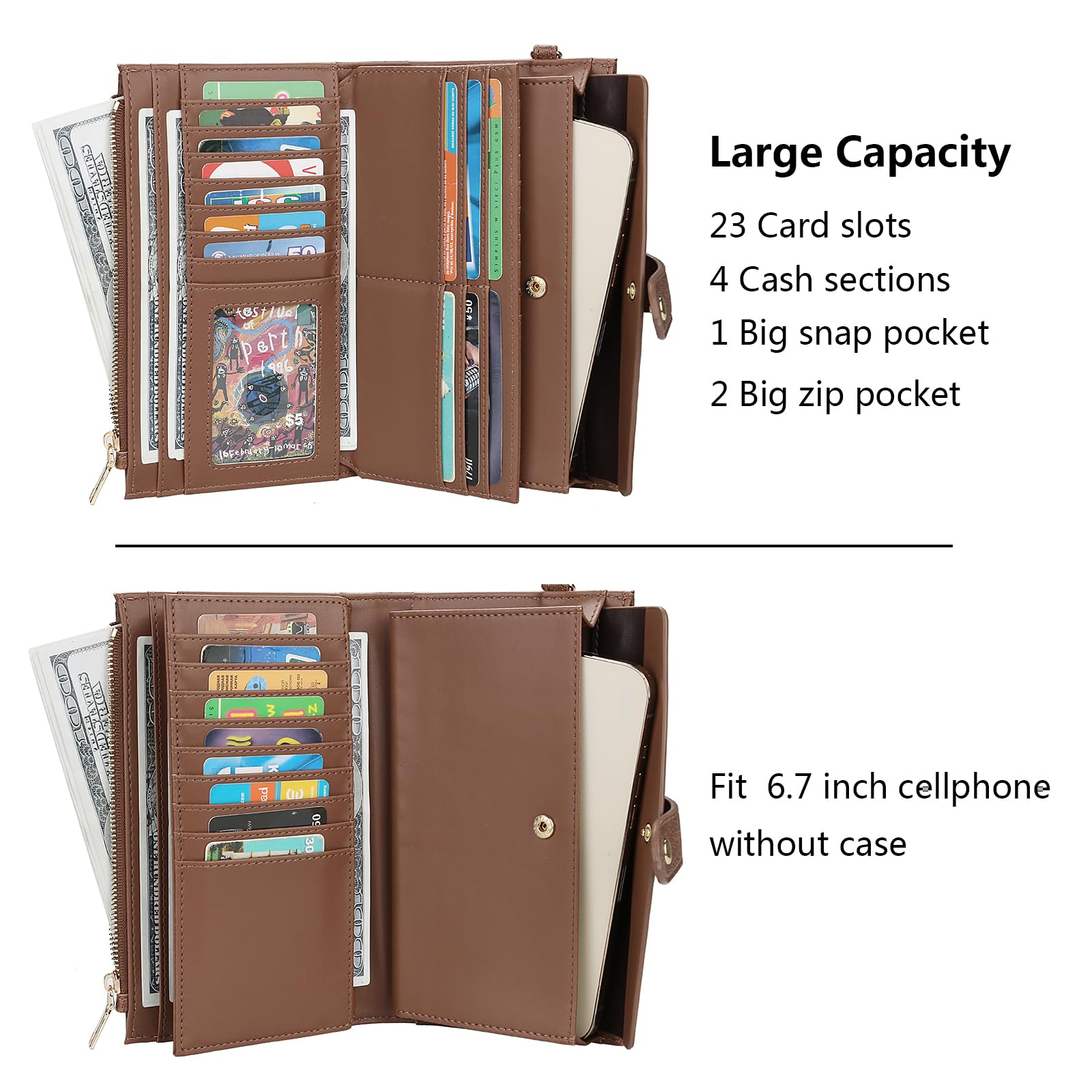 YALUXE Double Zipper Wallets for Women Wristlet Cellphone Purse Card Holder Vegan Leather
