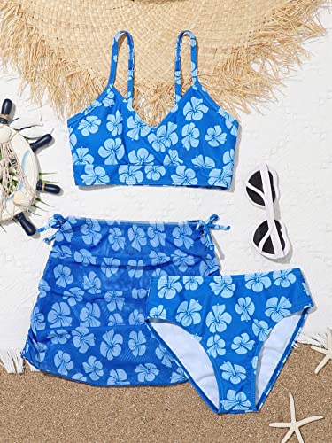 COZYEASE Girls' 3 Piece Set Floral Print Bikini Swimsuit with Drawstring Beach Skirt Cute Ruched Bathing Suit Blue 12 Years