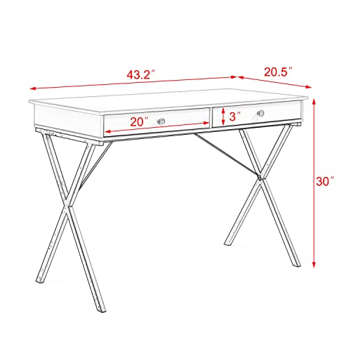 HomSof Frost Grey Finish 2 Drawers Writing Desk with Black Stoving Varnsih Steel Frame,MDF Table Top, Gray,42"